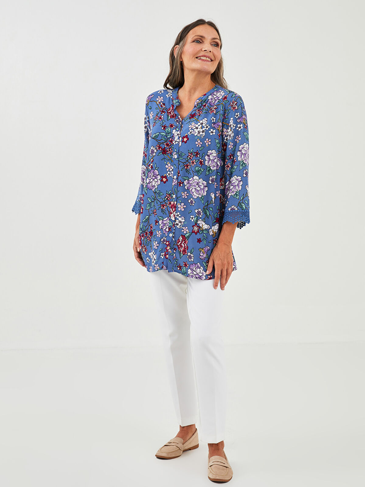 LCW GRACE Kaçık Yaka Çiçekli Krinkle Kumaş Kadın Gömlek