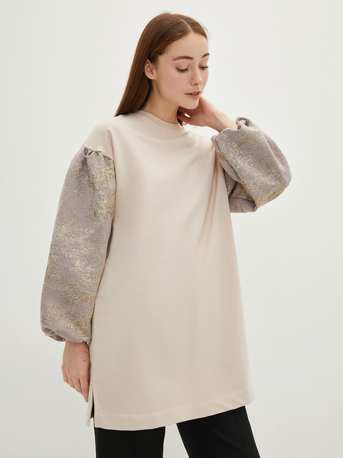 MODEST Bisiklet Yaka Düz Balon Kollu Kadın Tunik