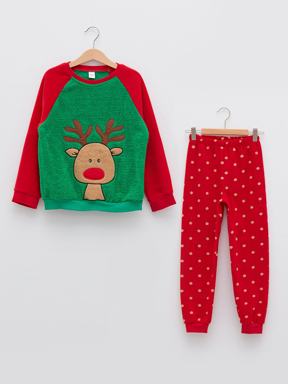 Bisiklet Yaka Yılbaşı Temalı Uzun Kollu Polar Kız Çocuk Pijama Takımı