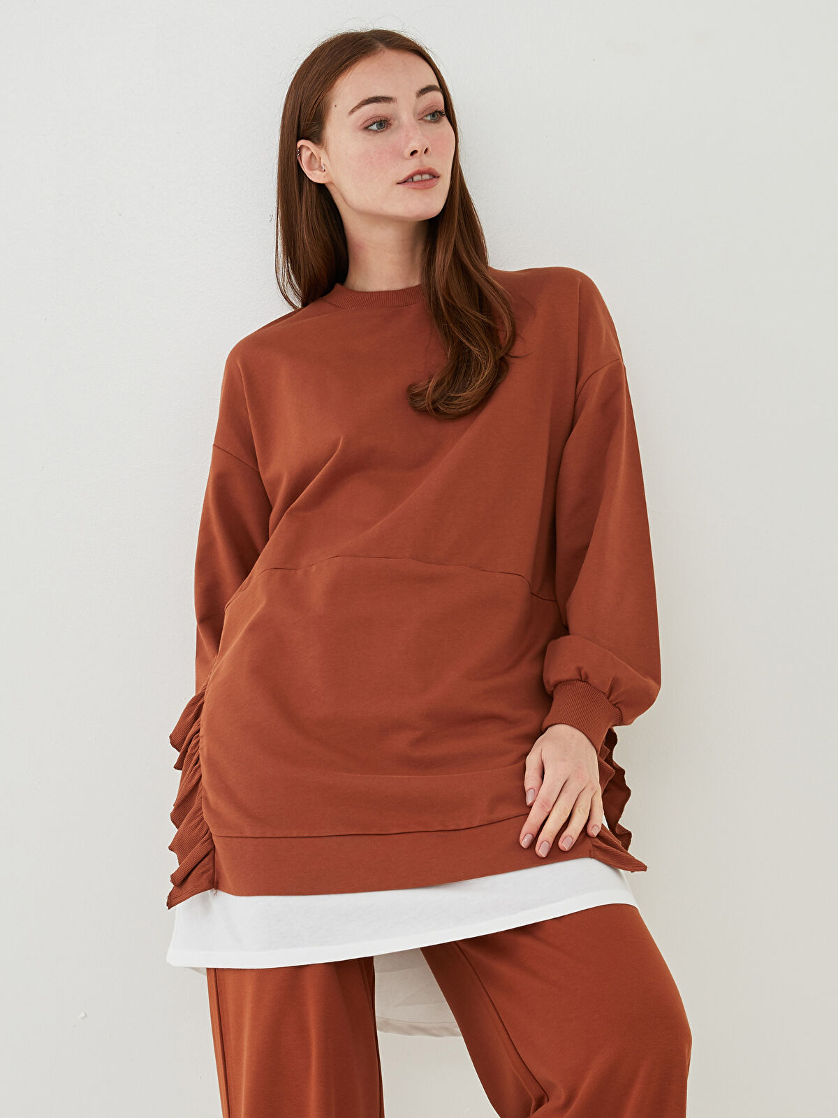 MODEST Bisiklet Yaka Fırfır Detaylı Uzun Kollu Pamuklu Kadın Tunik