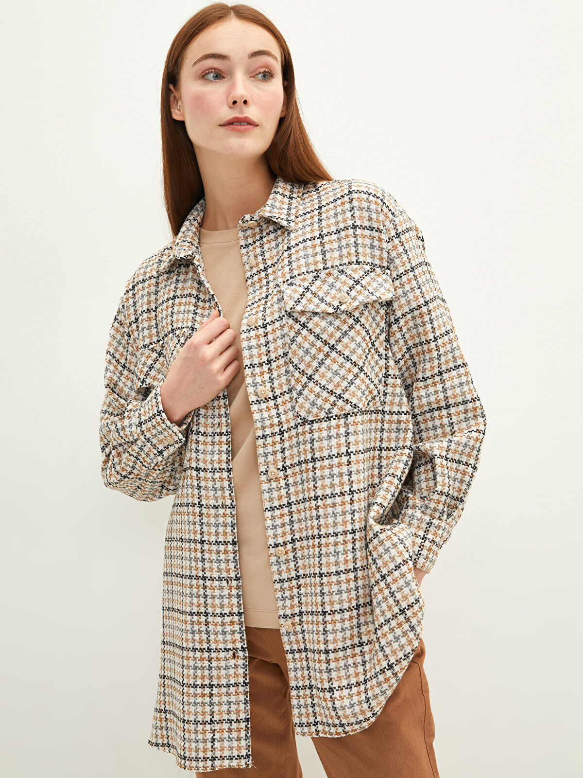 MODEST Gömlek Yaka Ekose Uzun Kollu Oversize Gabardin Kumaş Kadın Tunik