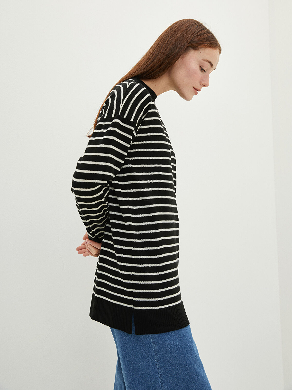 MODEST Bisiklet Yaka Çizgili Uzun Kollu Oversize Kadın Triko Tunik