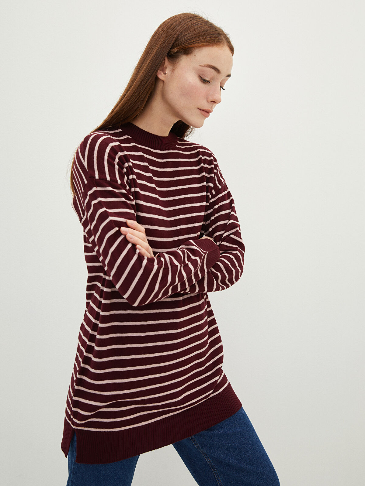 MODEST Bisiklet Yaka Çizgili Uzun Kollu Oversize Kadın Triko Tunik