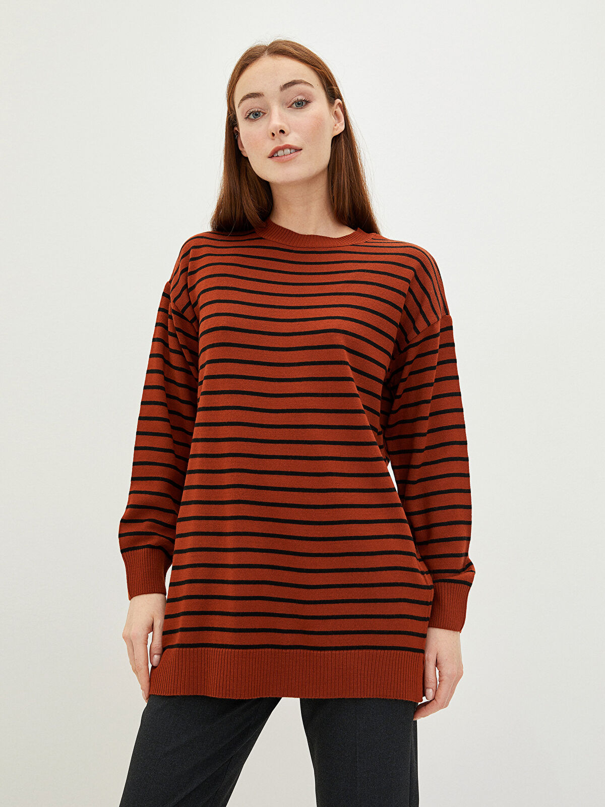 MODEST Bisiklet Yaka Çizgili Uzun Kollu Oversize Kadın Triko Tunik