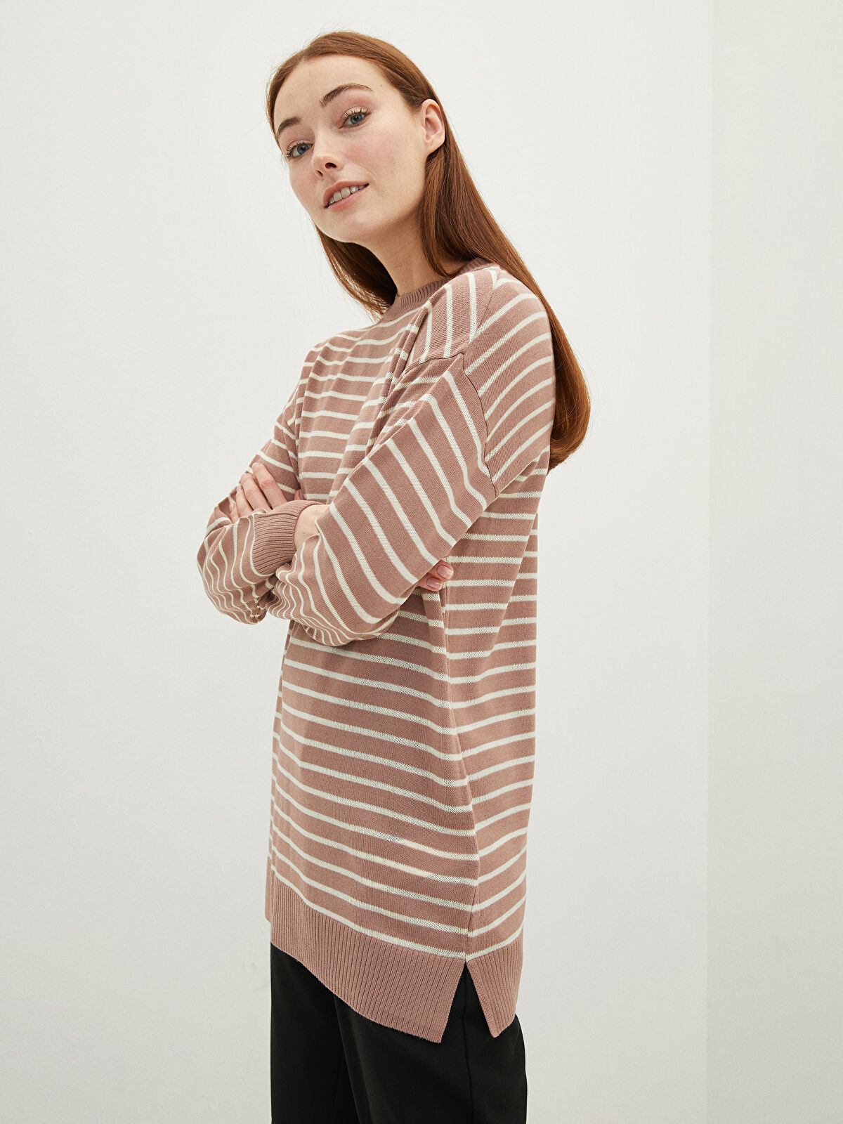 MODEST Bisiklet Yaka Çizgili Uzun Kollu Oversize Kadın Triko Tunik