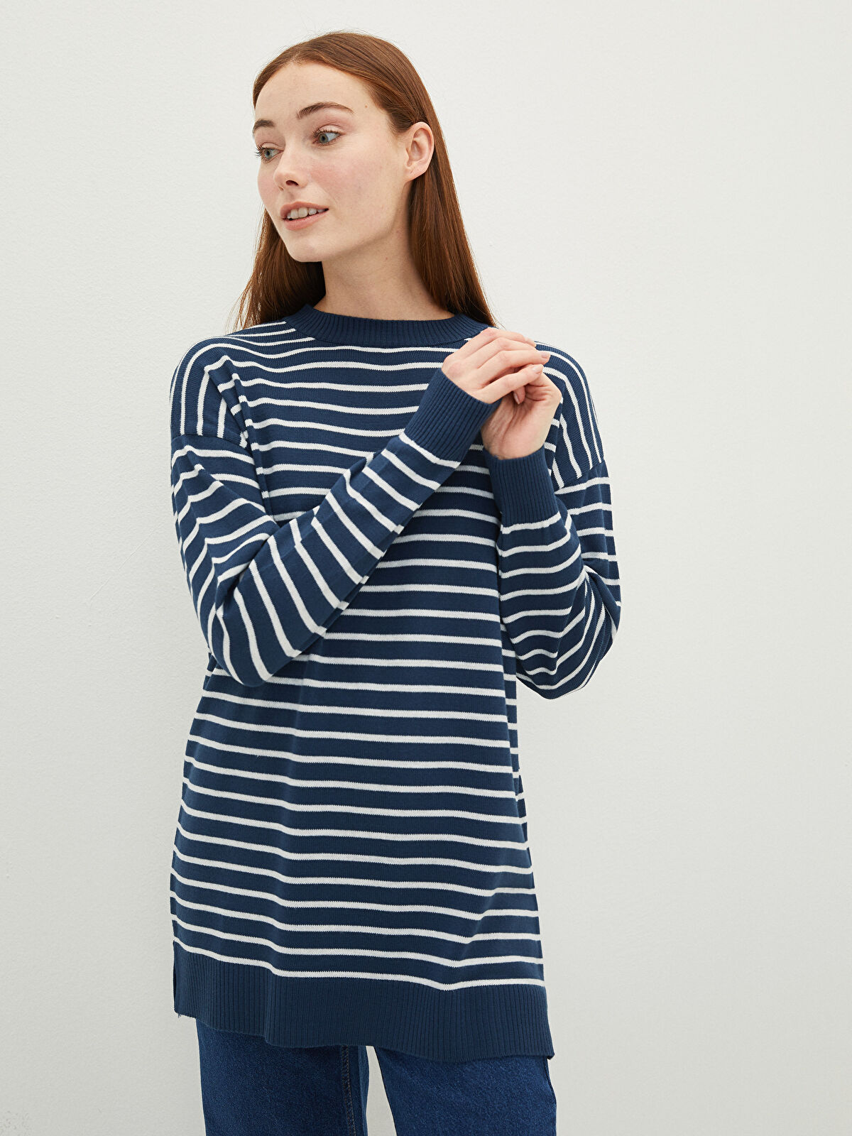 MODEST Bisiklet Yaka Çizgili Uzun Kollu Oversize Kadın Triko Tunik