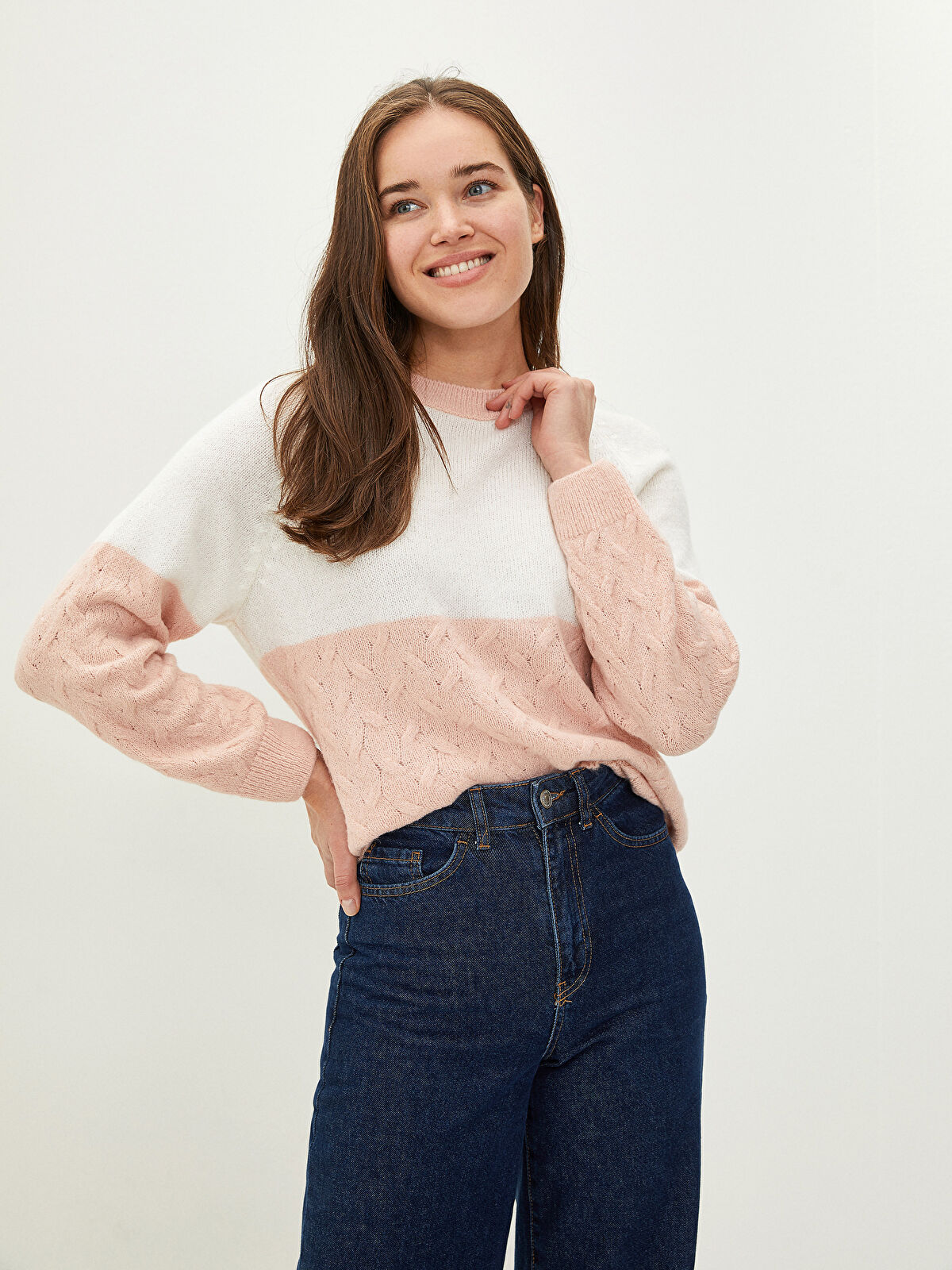 LCW CLASSIC Bisiklet Yaka Renk Bloklu Uzun Kollu Kadın Triko Kazak