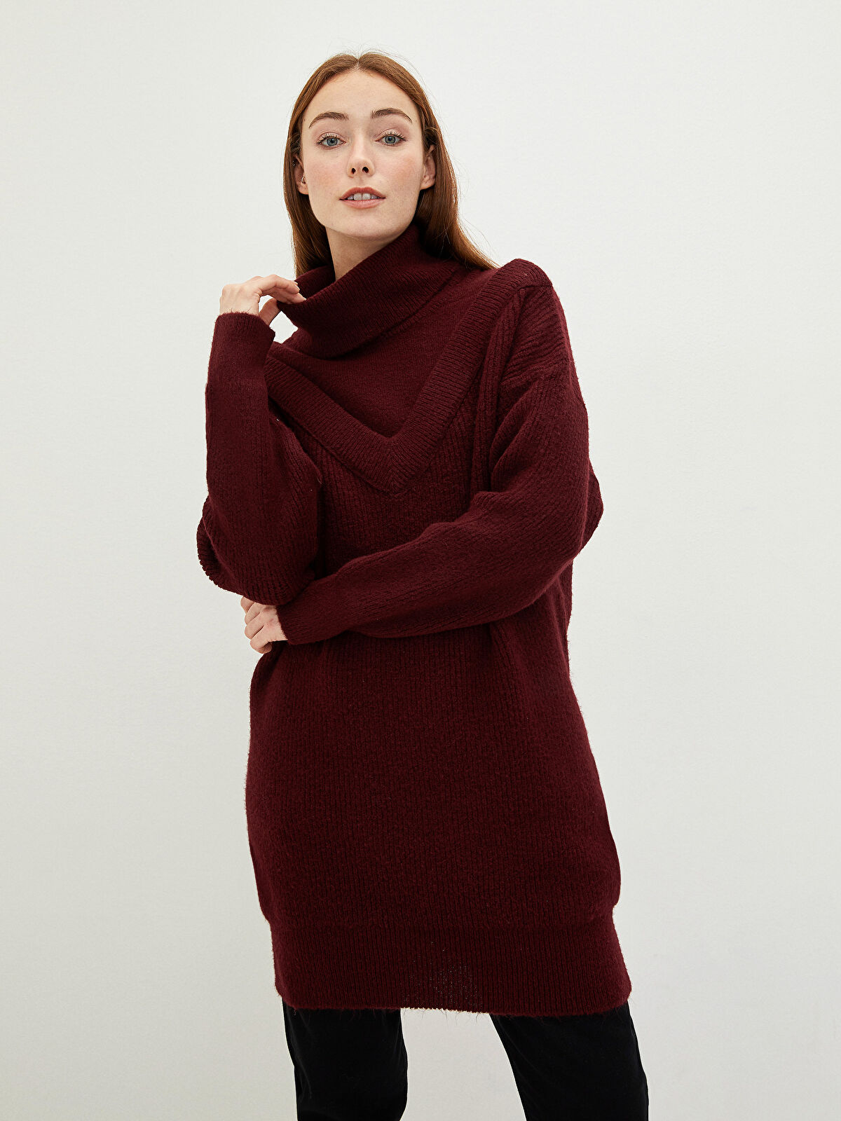 MODEST Balıkçı Yaka Kendinden Desenli Uzun Kollu Kadın Triko Tunik