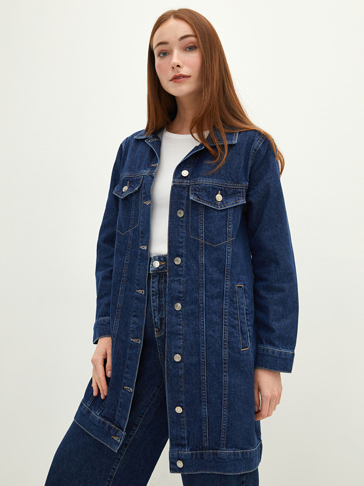 MODEST Gömlek Yaka Düz Uzun Kollu Cep Detaylı Kadın Rodeo Jean Ceket