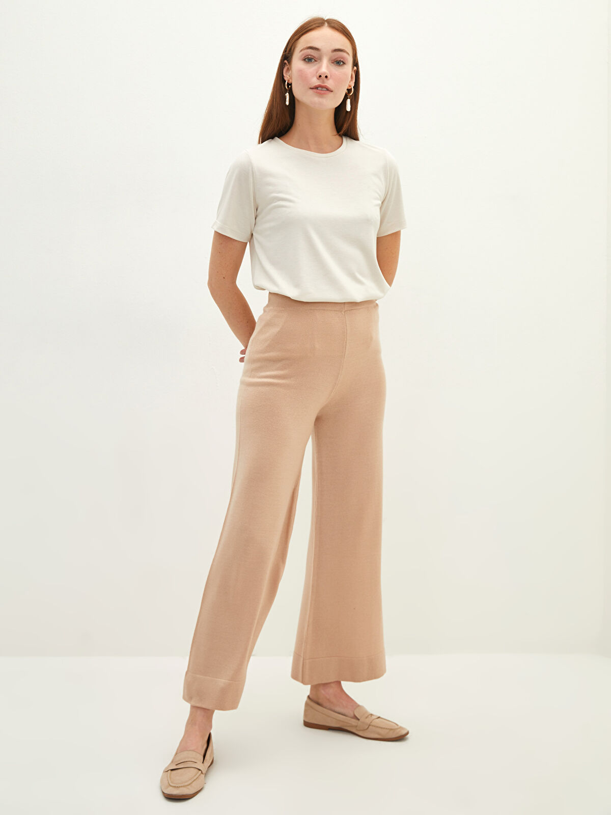 LCW CLASSIC Beli Lastikli Geniş Paça Düz Kadın Triko Pantolon