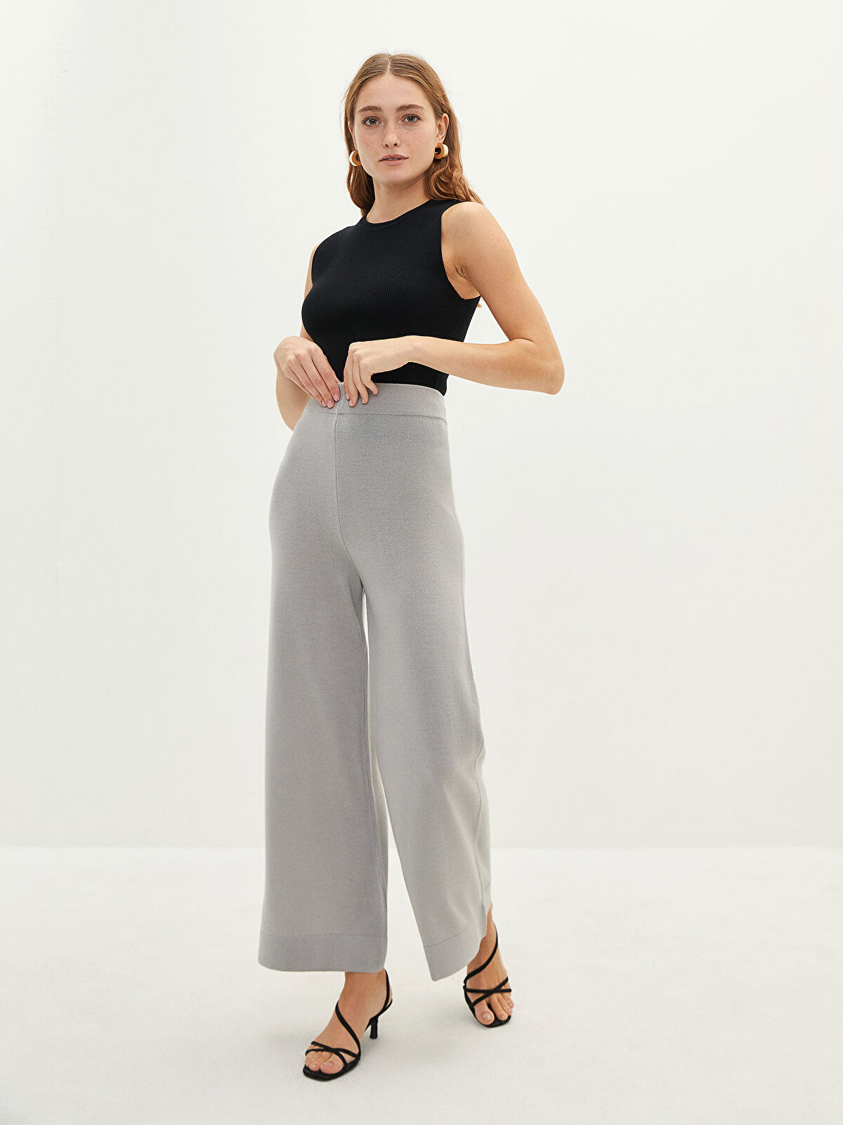 LCW CLASSIC Beli Lastikli Geniş Paça Düz Kadın Triko Pantolon