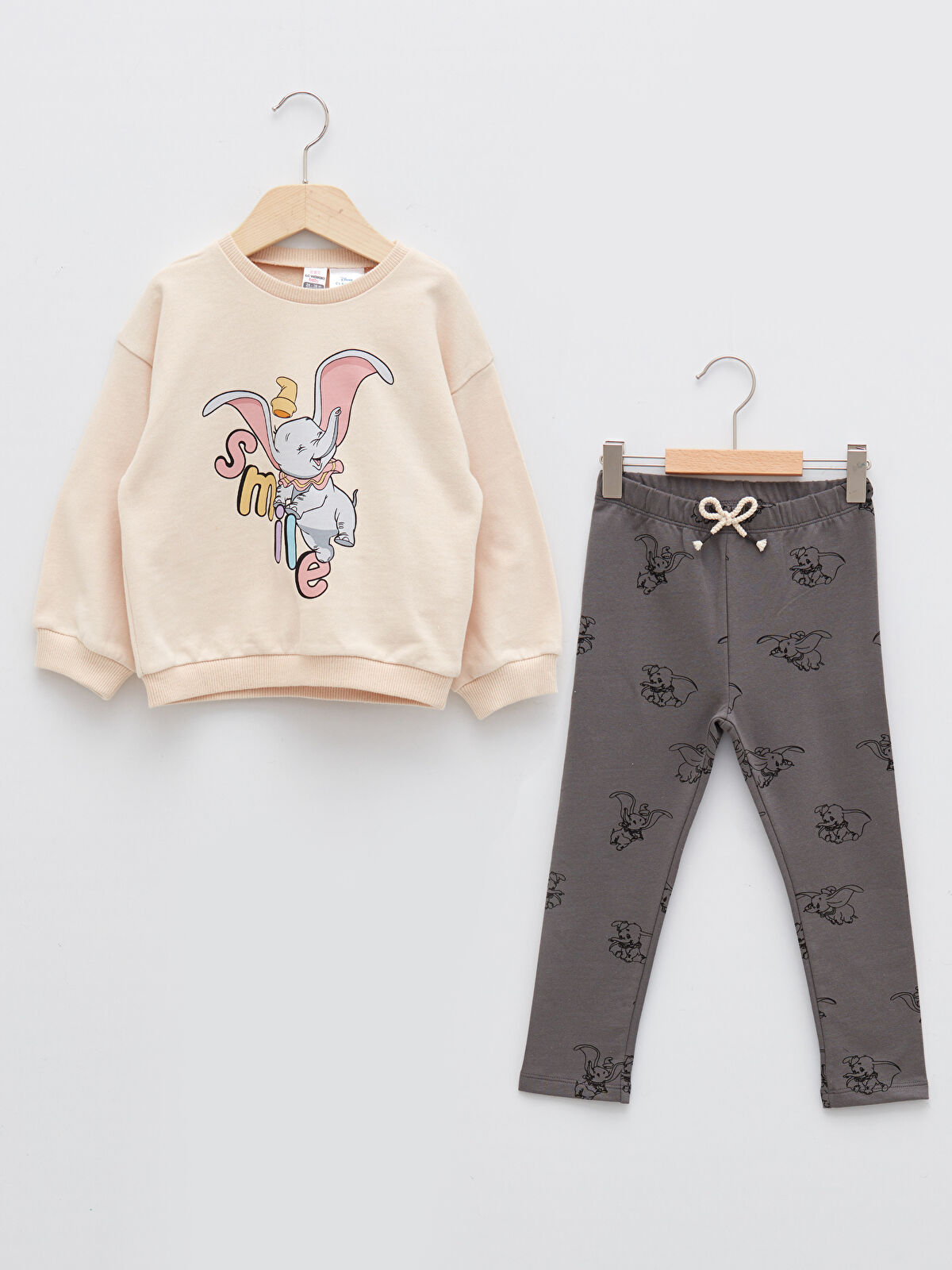 Bisiklet Yaka Uzun Kollu Dumbo Baskılı Kız Bebek Sweatshirt ve Tayt 2'li Takım