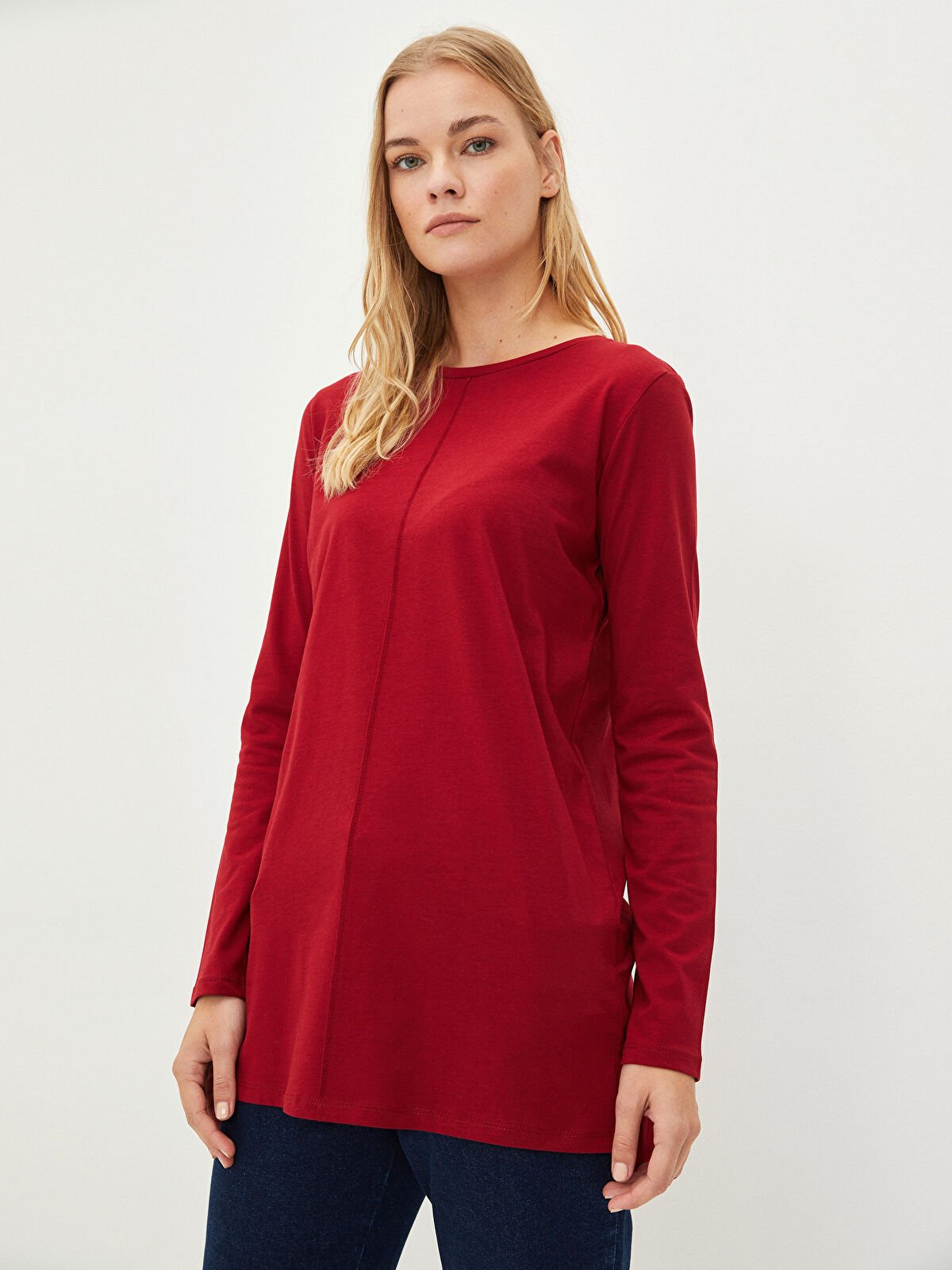LCW BASIC Bisiklet Yaka Düz Uzun Kollu Pamuklu Kadın Tunik