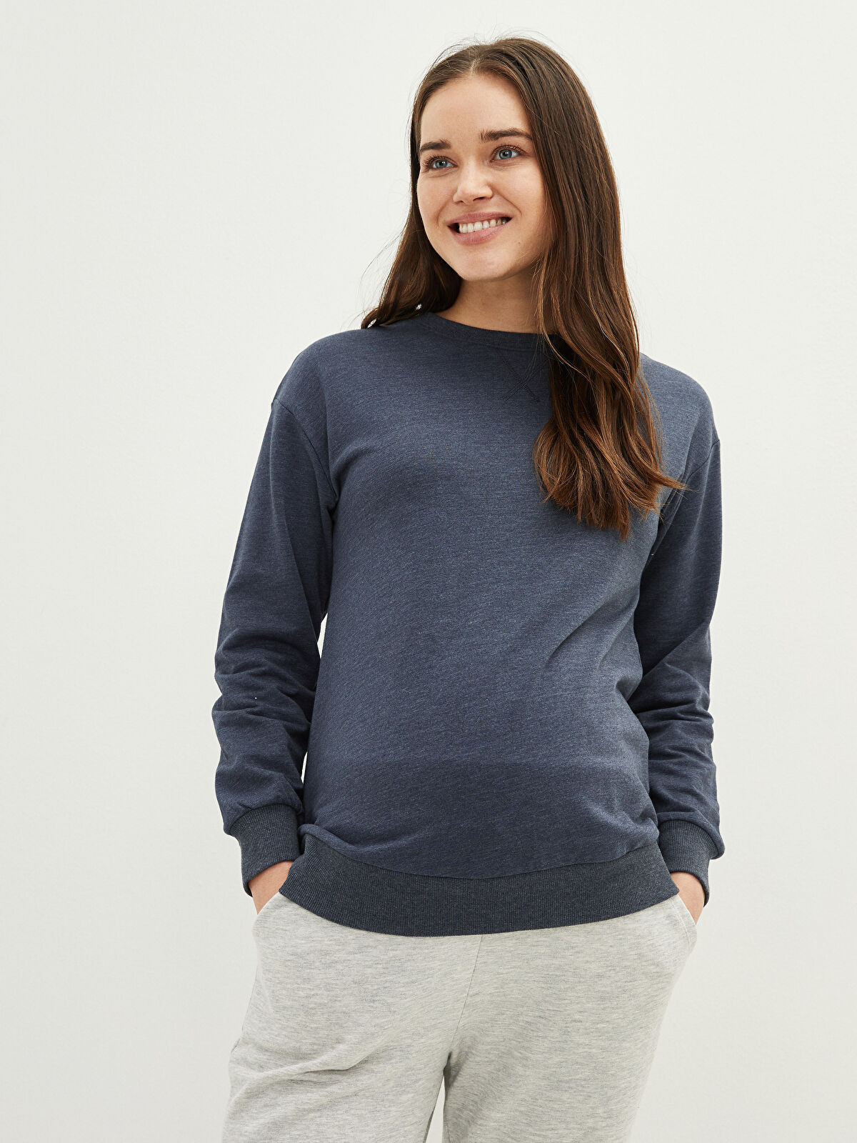 Bisiklet Yaka Düz Uzun Kollu Hamile Sweatshirt