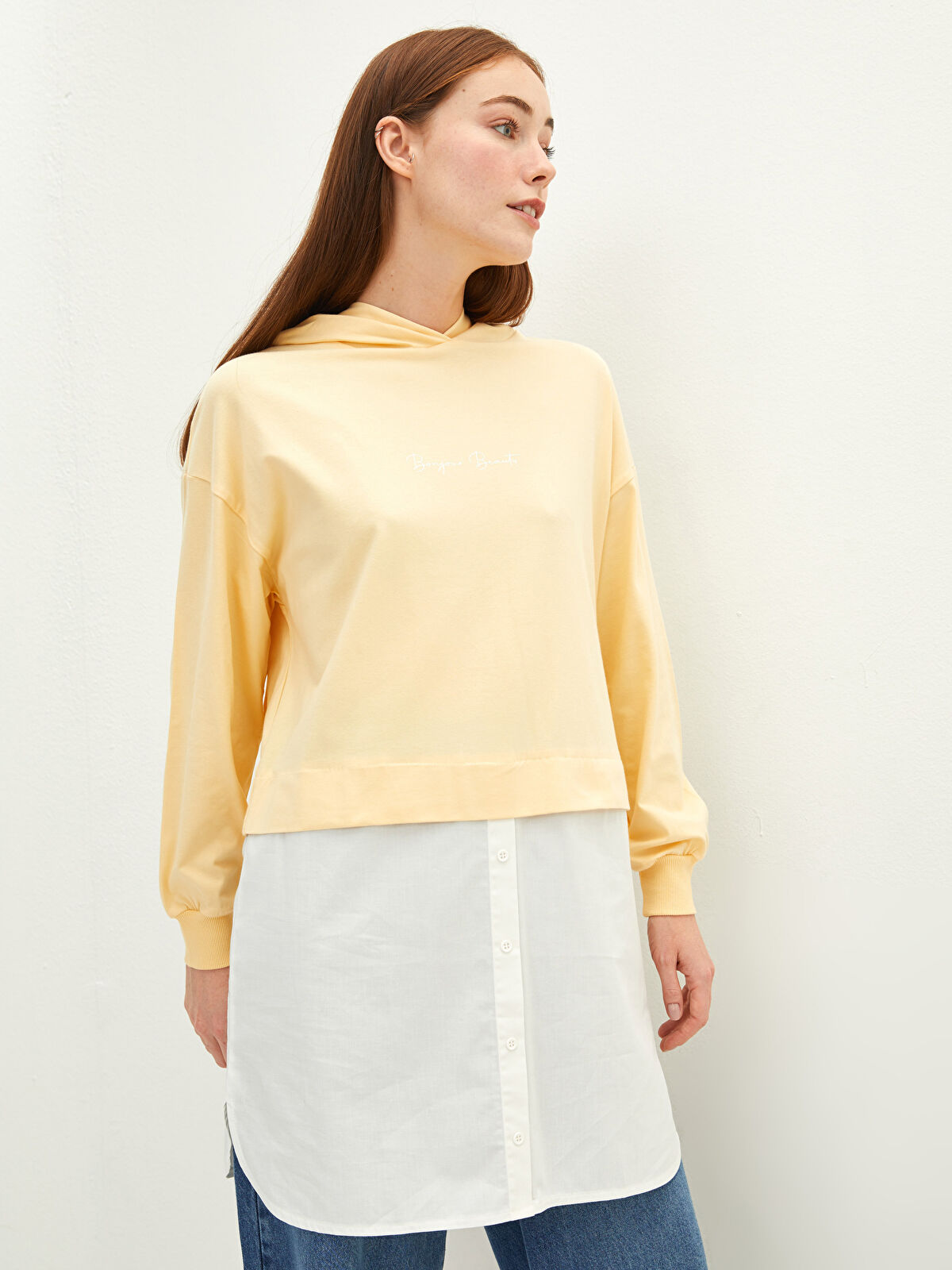 MODEST Kapüşon Yaka Baskılı Uzun Kollu Kadın Tunik