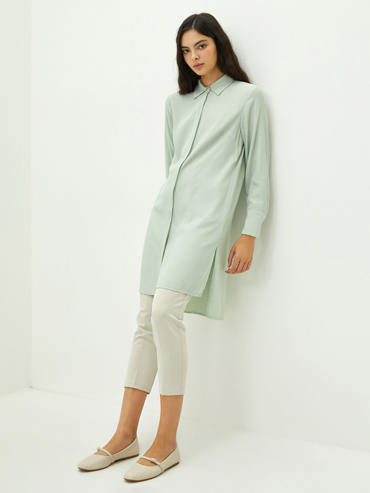 MODEST Gömlek Yaka Düz Uzun Kollu Maroken Kumaş Kadın Tunik