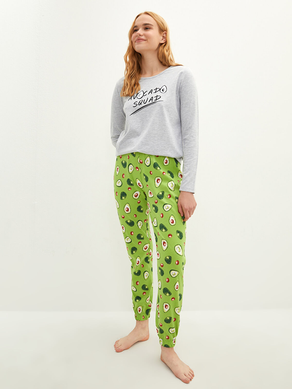 LCW DREAM Bisiklet Yaka Avokado Baskılı Uzun Kollu Pamuklu Kadın Pijama Takımı