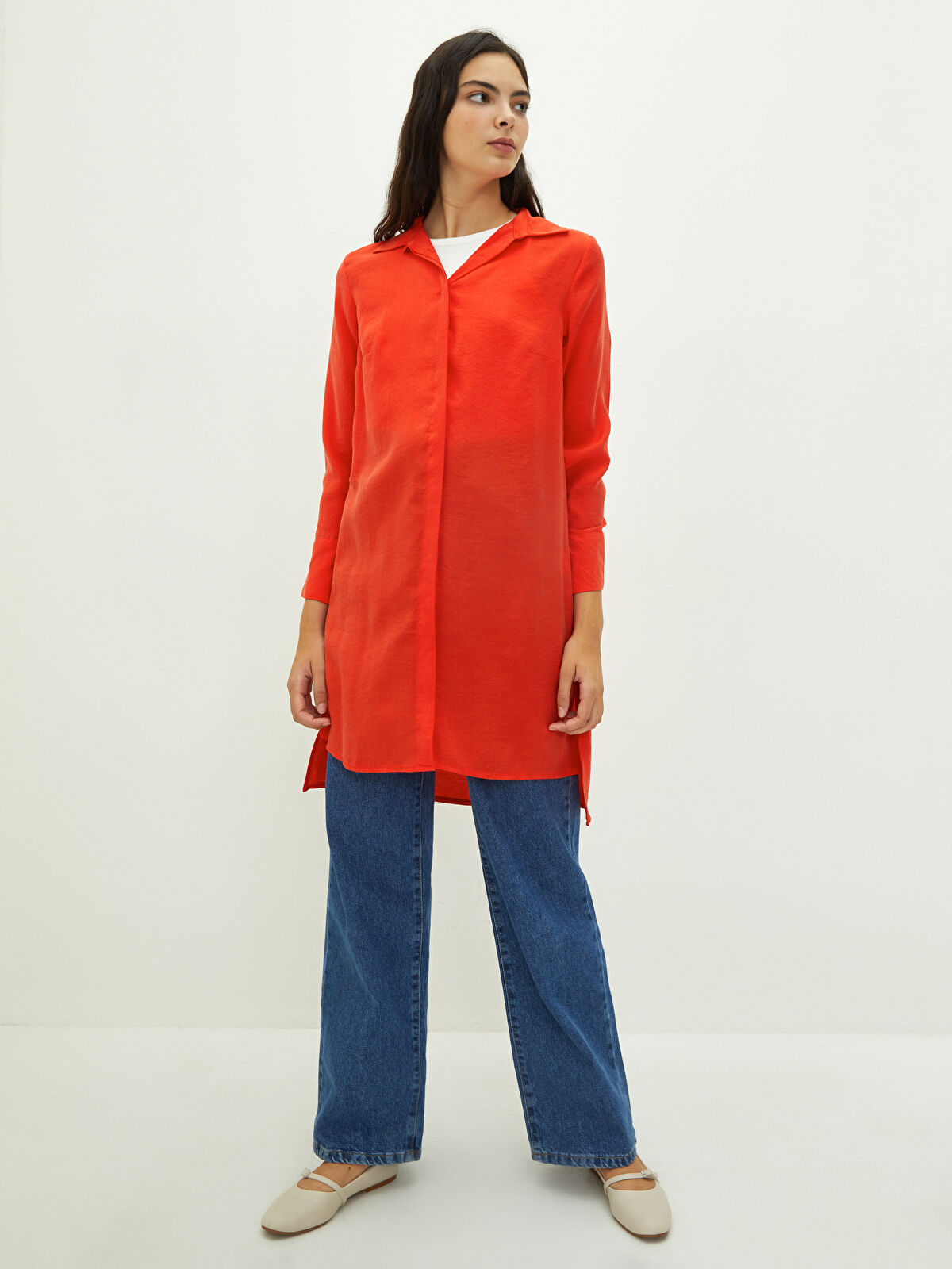 MODEST Gömlek Yaka Düz Uzun Kollu Maroken Kumaş Kadın Tunik