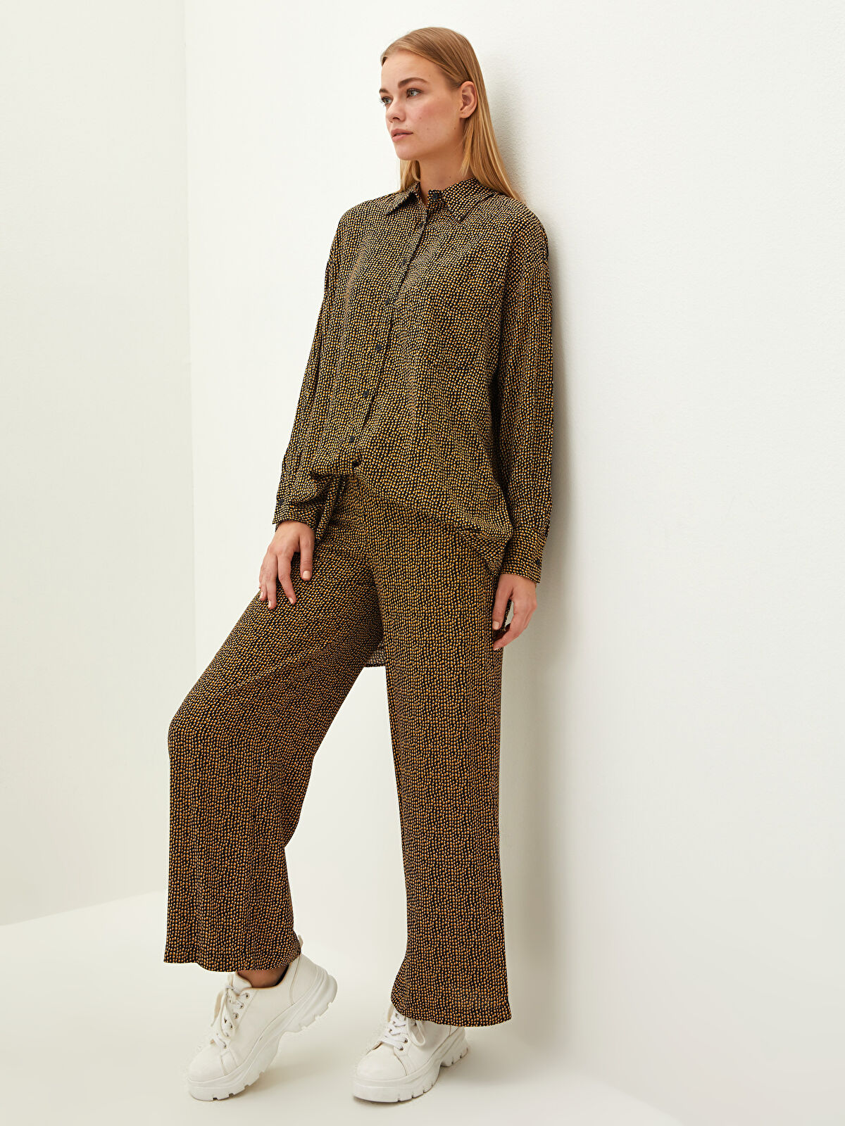 MODEST Beli Lastikli Desenli Viskon Kadın Palazzo Pantolon