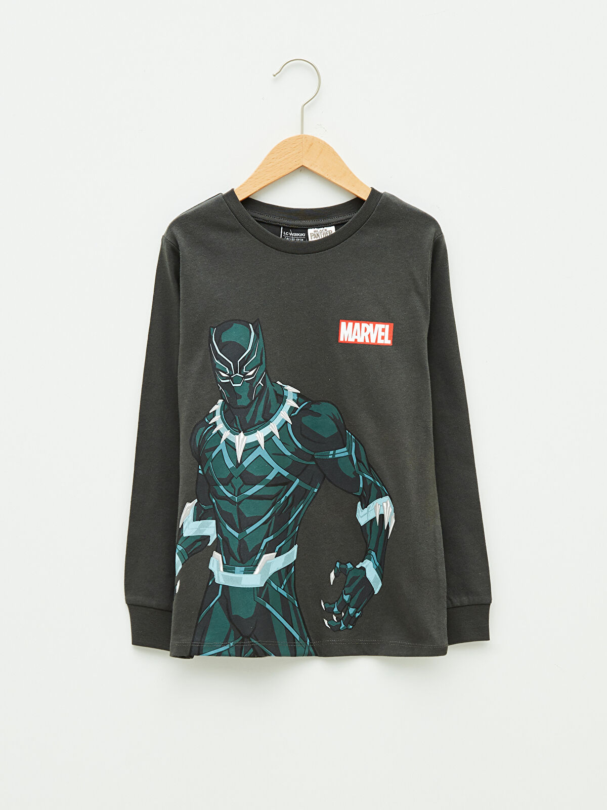 Bisiklet Yaka Kara Panter Baskılı Uzun Kollu Erkek Çocuk Tişört