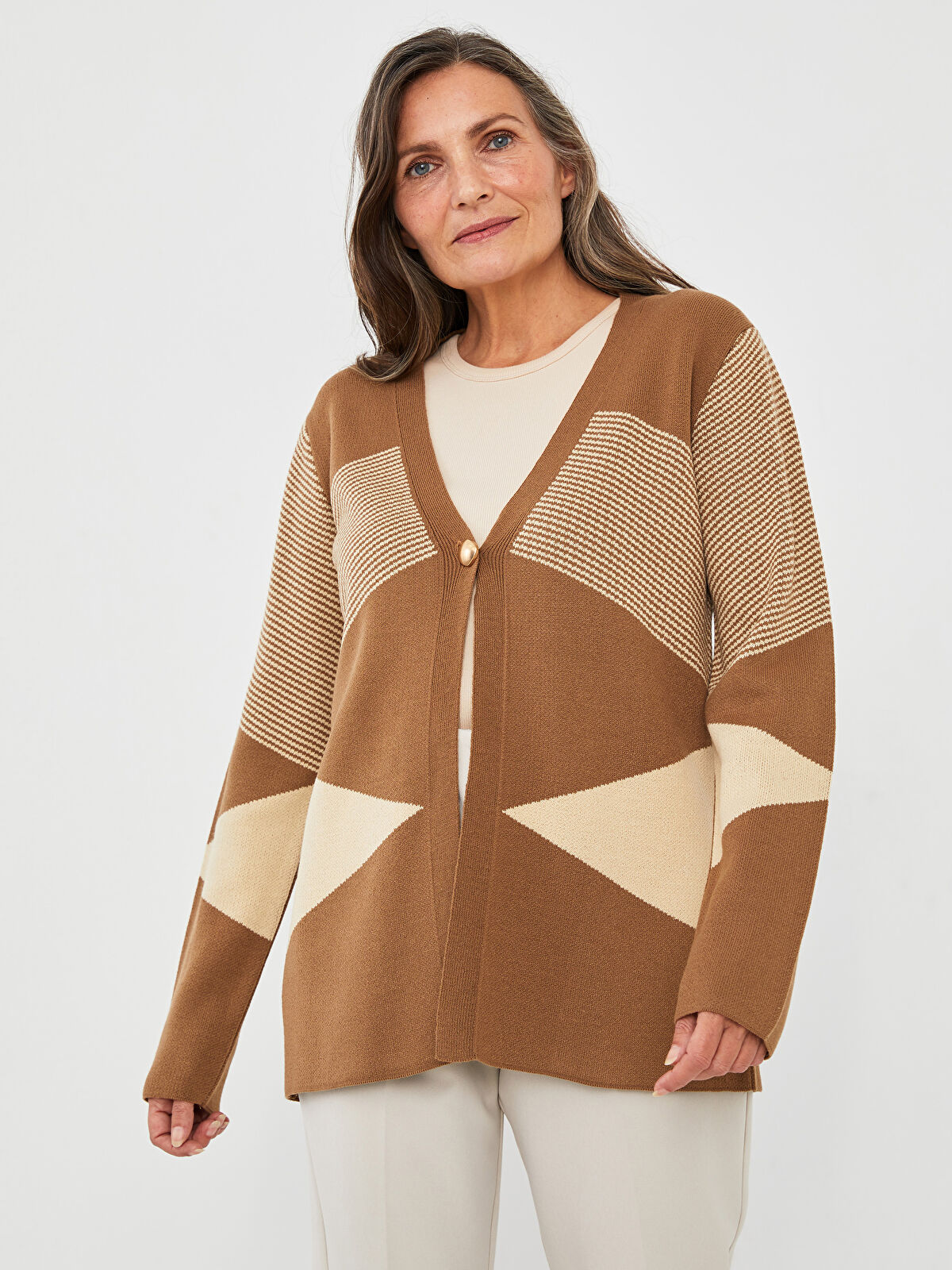 LCW GRACE V Yaka Renk Bloklu Uzun Kollu Kadın Triko Hırka