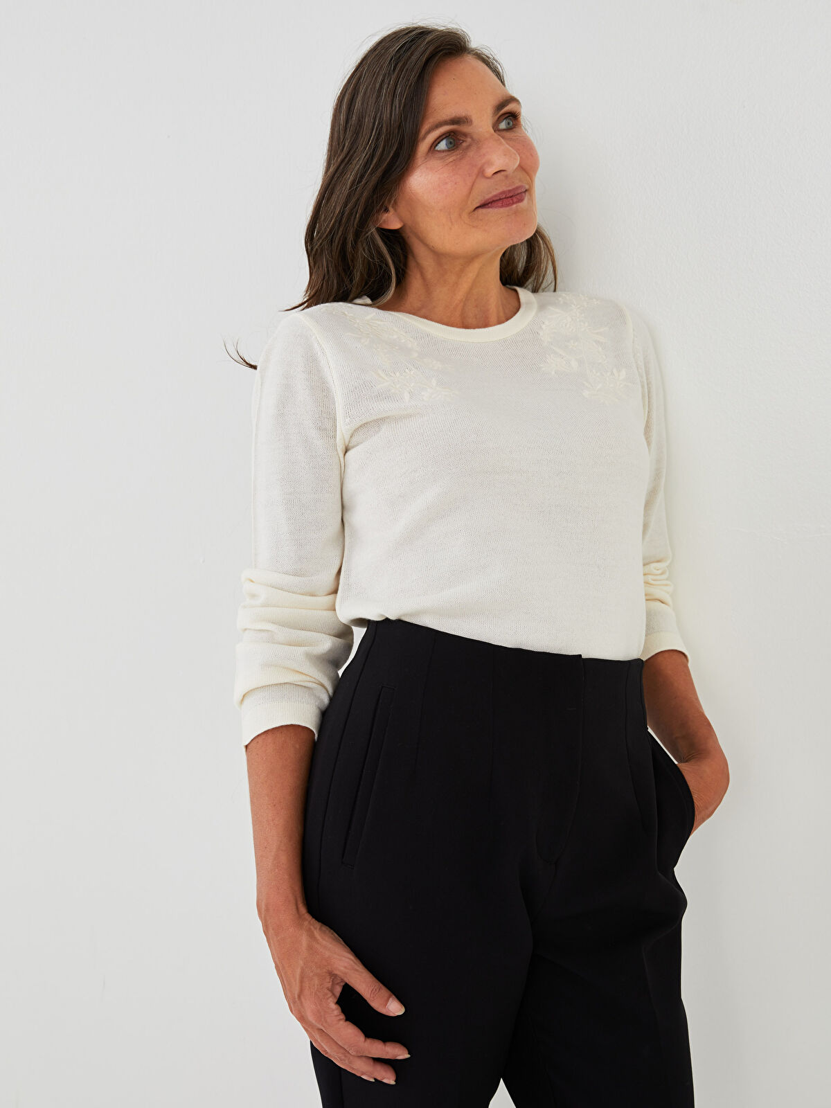 LCW GRACE Bisiklet Yaka Nakışlı Uzun Kollu Kadın Triko Kazak