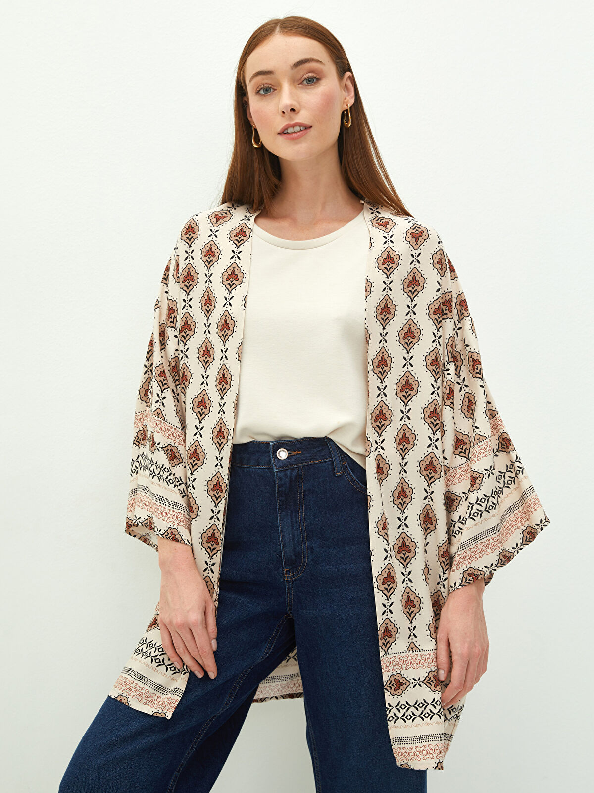 Şal Yaka Etnik Desenli Viskon Kadın Kimono