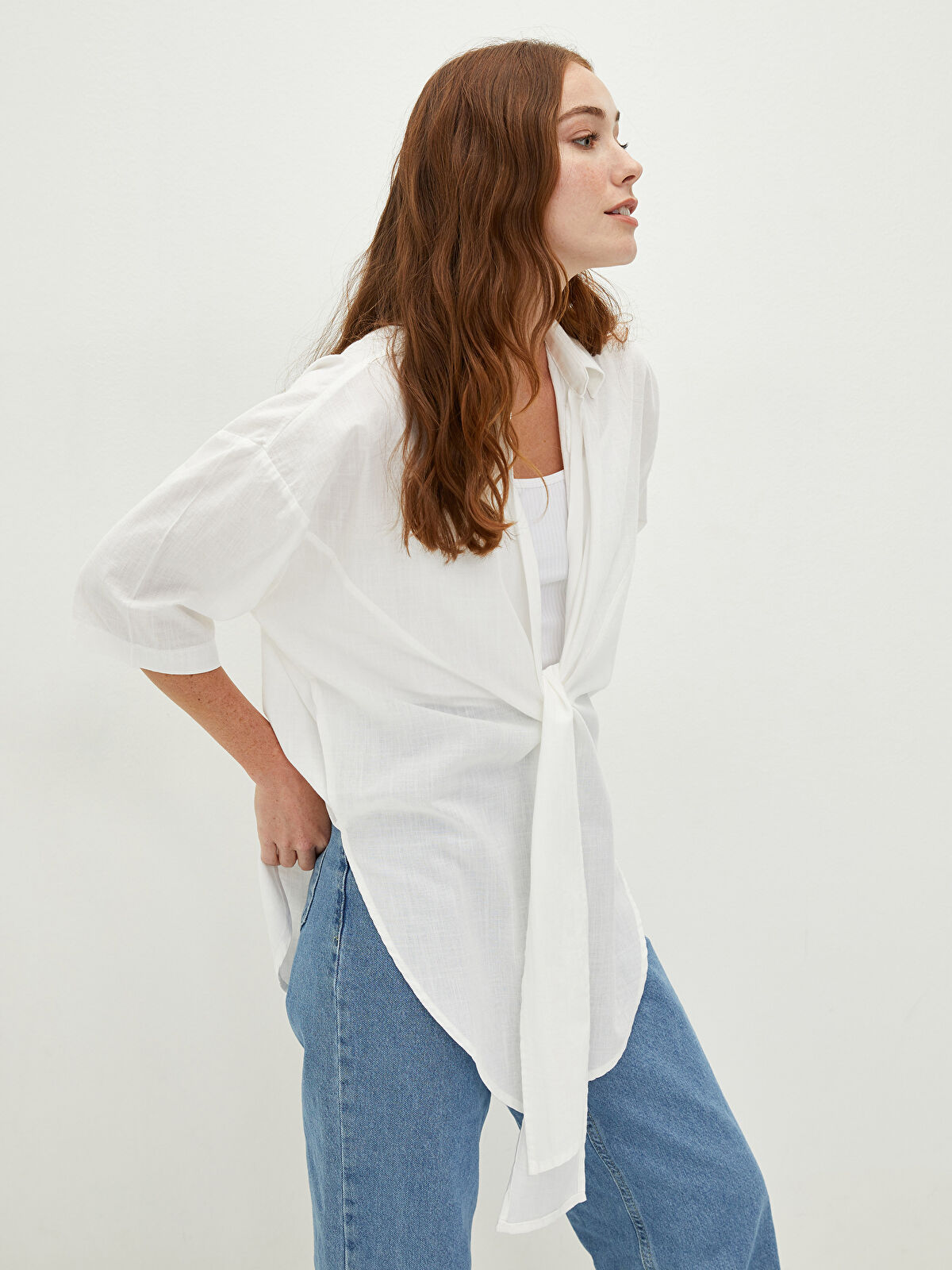 LCW CLASSIC Gömlek Yaka Düz Kısa Kollu Pamuklu Kadın Kimono