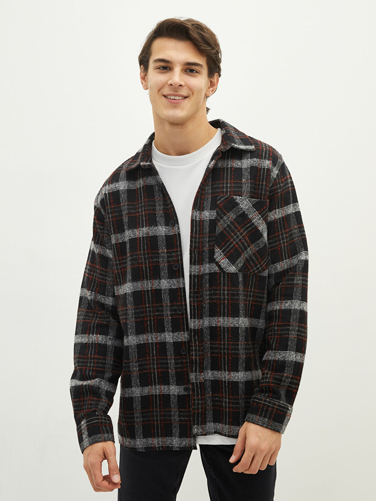 LCW CASUAL Regular Fit Uzun Kollu Ekose Gabardin Erkek Gömlek Ceket