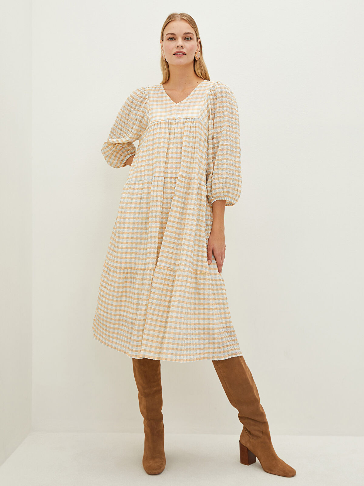 LCW CLASSIC V Yaka Etnik Desenli Pamuklu Kadın Elbise