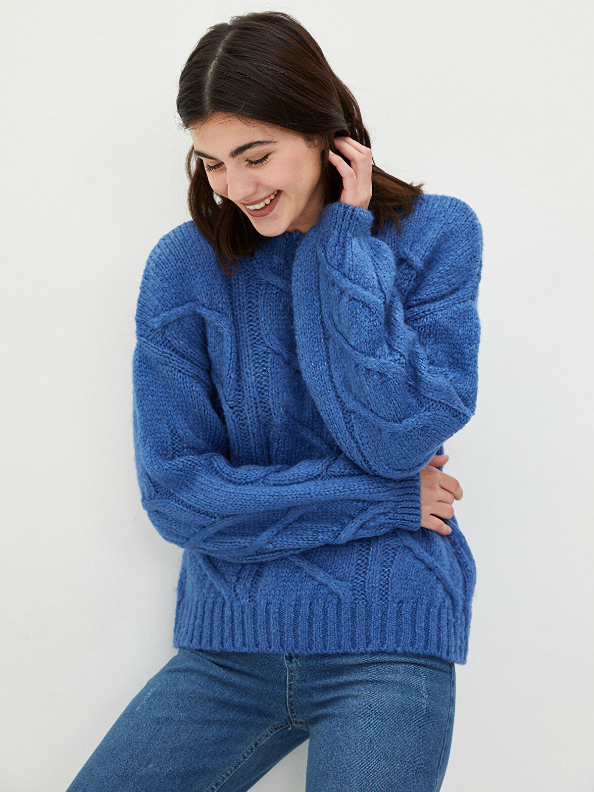 LCW CASUAL Bisiklet Yaka Kendinden Desenli Uzun Kollu Oversize Kadın Triko Kazak