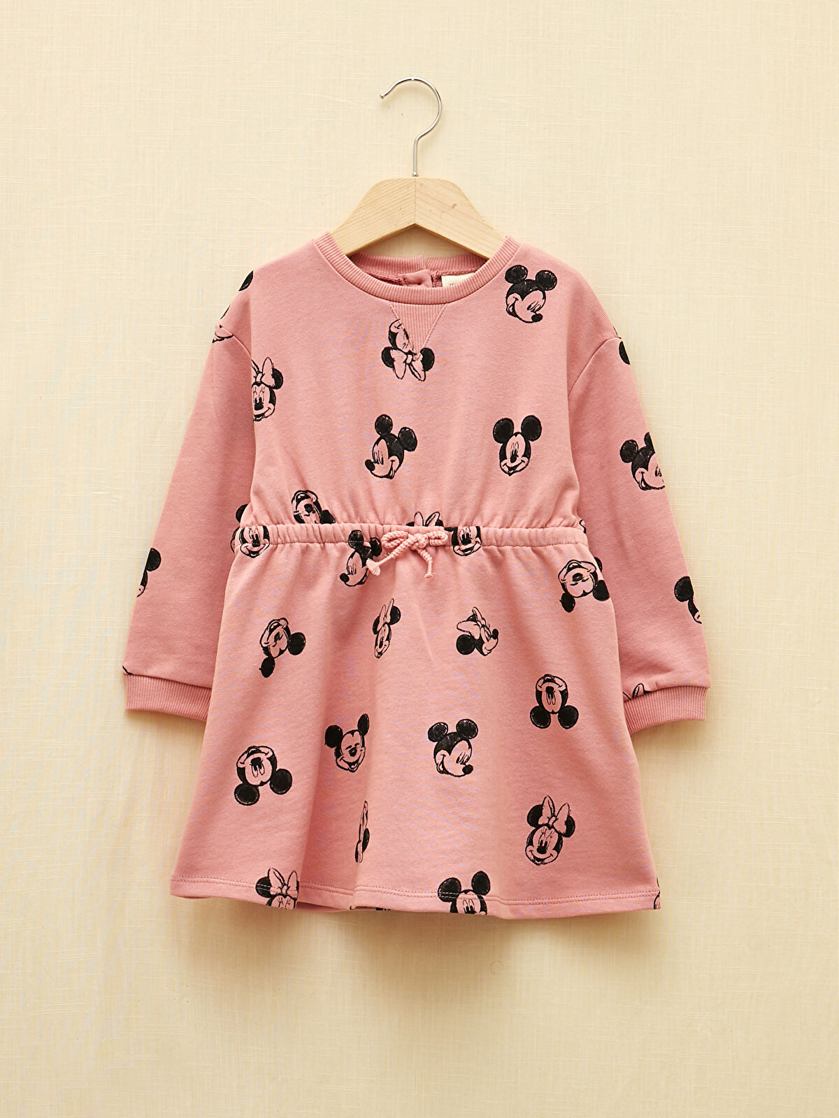 LCW GREEN Bisiklet Yaka Uzun Kollu Minnie Mouse Baskılı Organik Pamuklu Kız Bebek Elbise