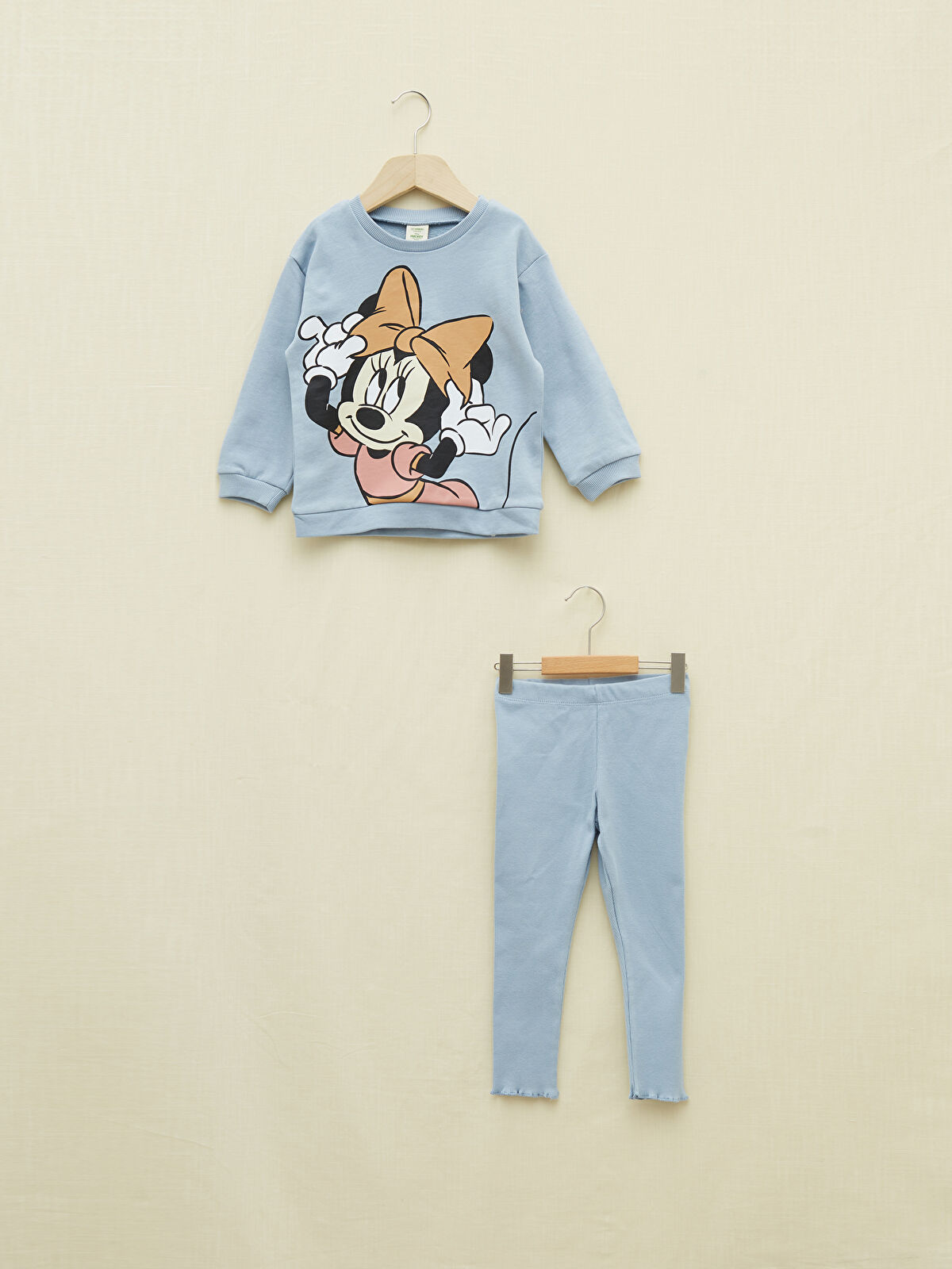 LCW GREEN Bisiklet Yaka Uzun Kollu Minne Mouse Baskılı Organik Pamuklu Kız Bebek Sweatshirt ve Tayt 2'li Takım