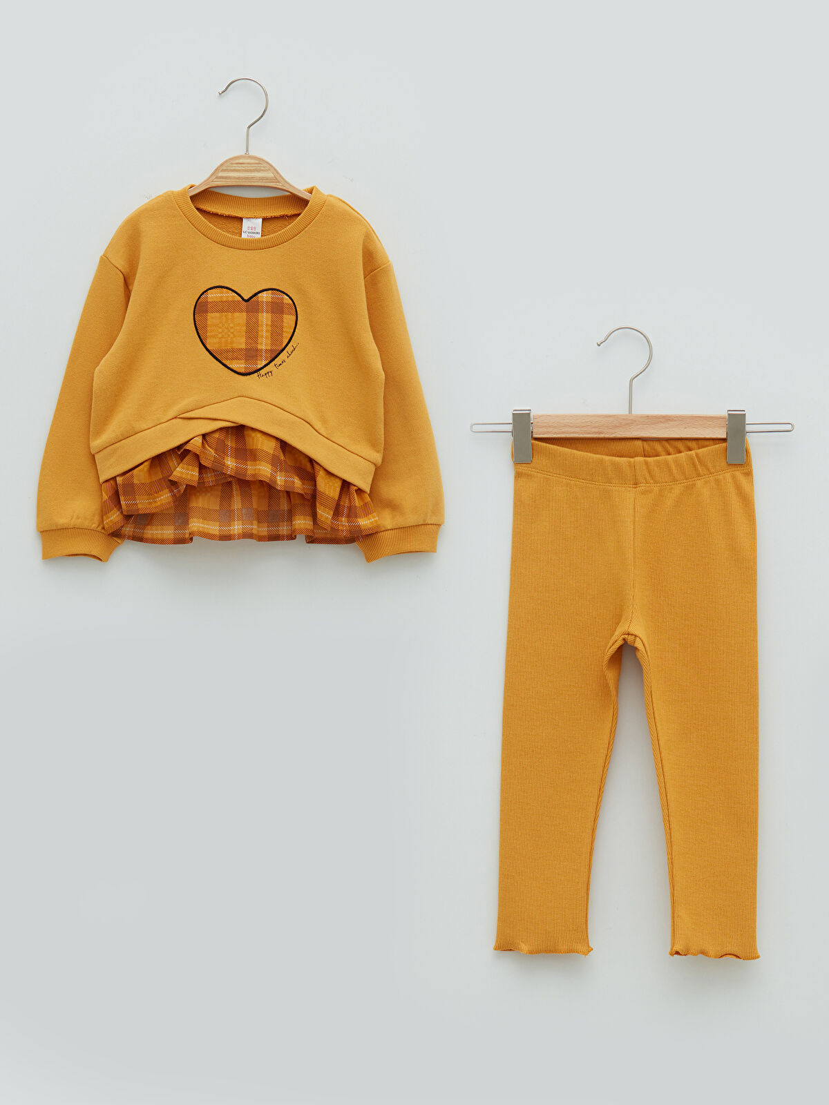 Bisiklet Yaka Uzun Kollu Desenli Pamuklu Kız Bebek Sweatshirt ve Tayt 2'li Takım