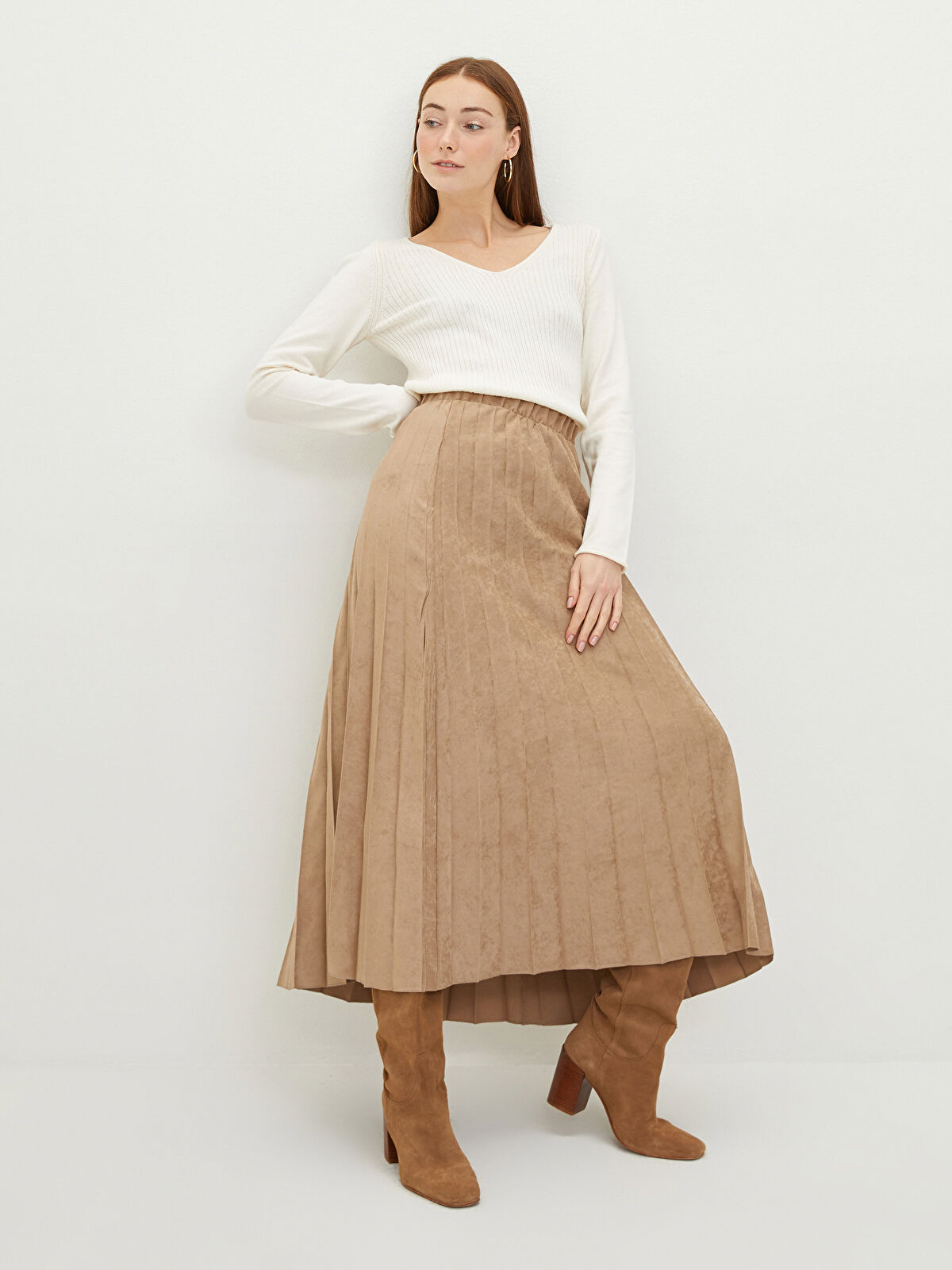 LCW CLASSIC Beli Lastikli Düz Süet Kumaş Kadın Pileli Etek