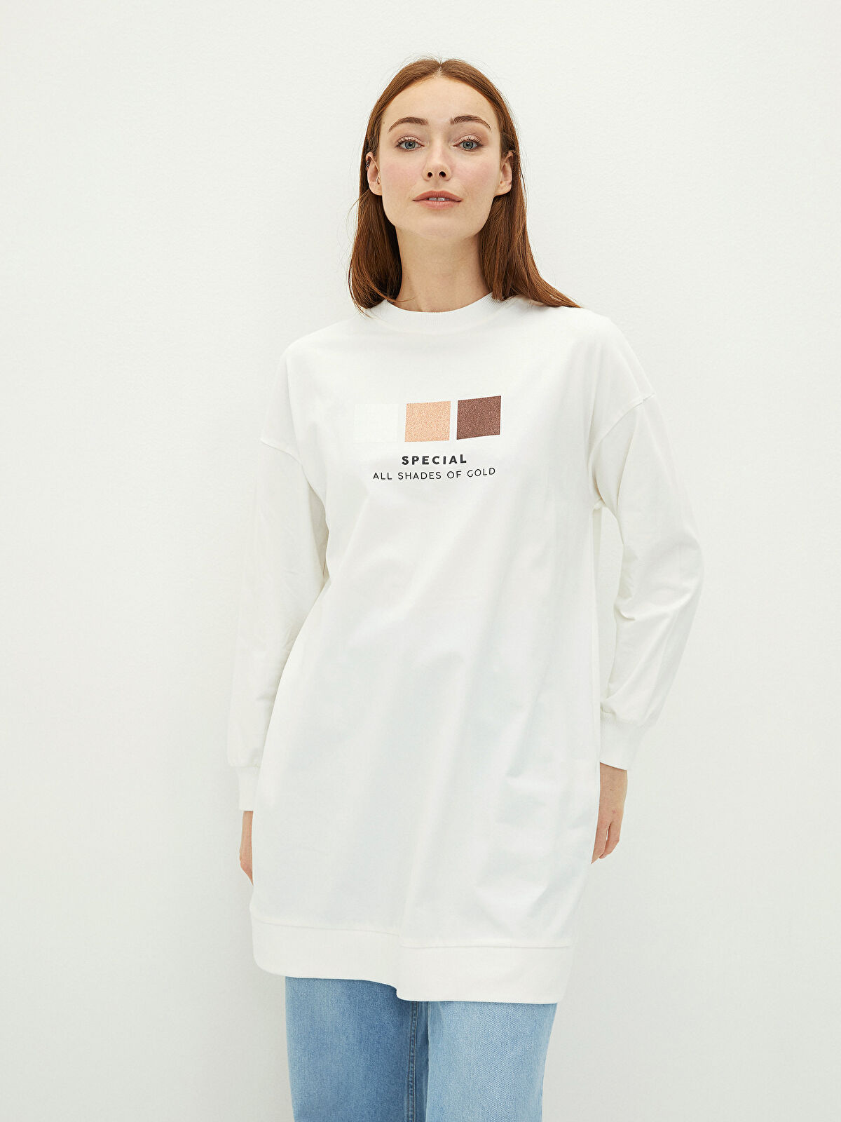 LCW GREEN MODEST Bisiklet Yaka Baskılı Uzun Kollu Kadın Tunik