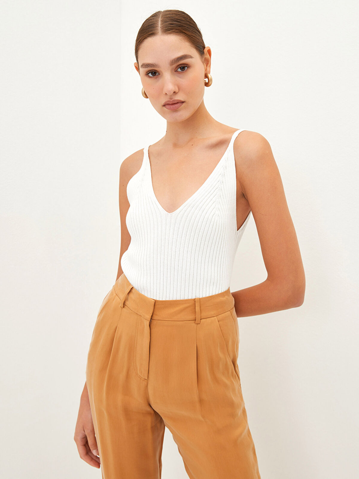 NATUVERA V Yaka Düz Kolsuz Pamuklu Kadın Kazak