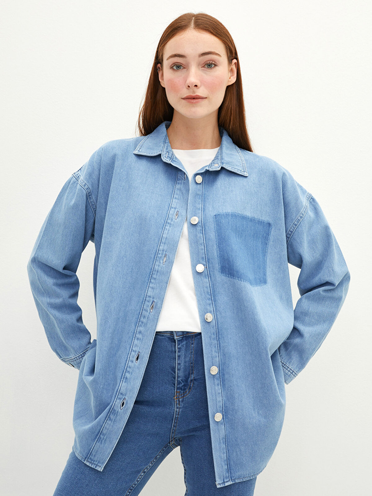 MODEST Gömlek Yaka Renk Bloklu Uzun Kollu Kadın Rodeo Jean Tunik