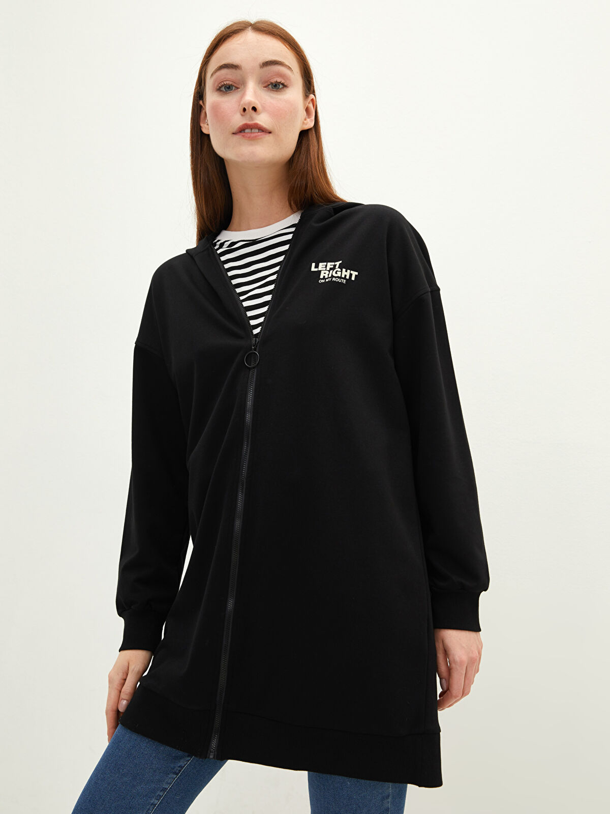 MODEST Kapüşon Yaka Baskılı Uzun Kollu Kadın Hırka