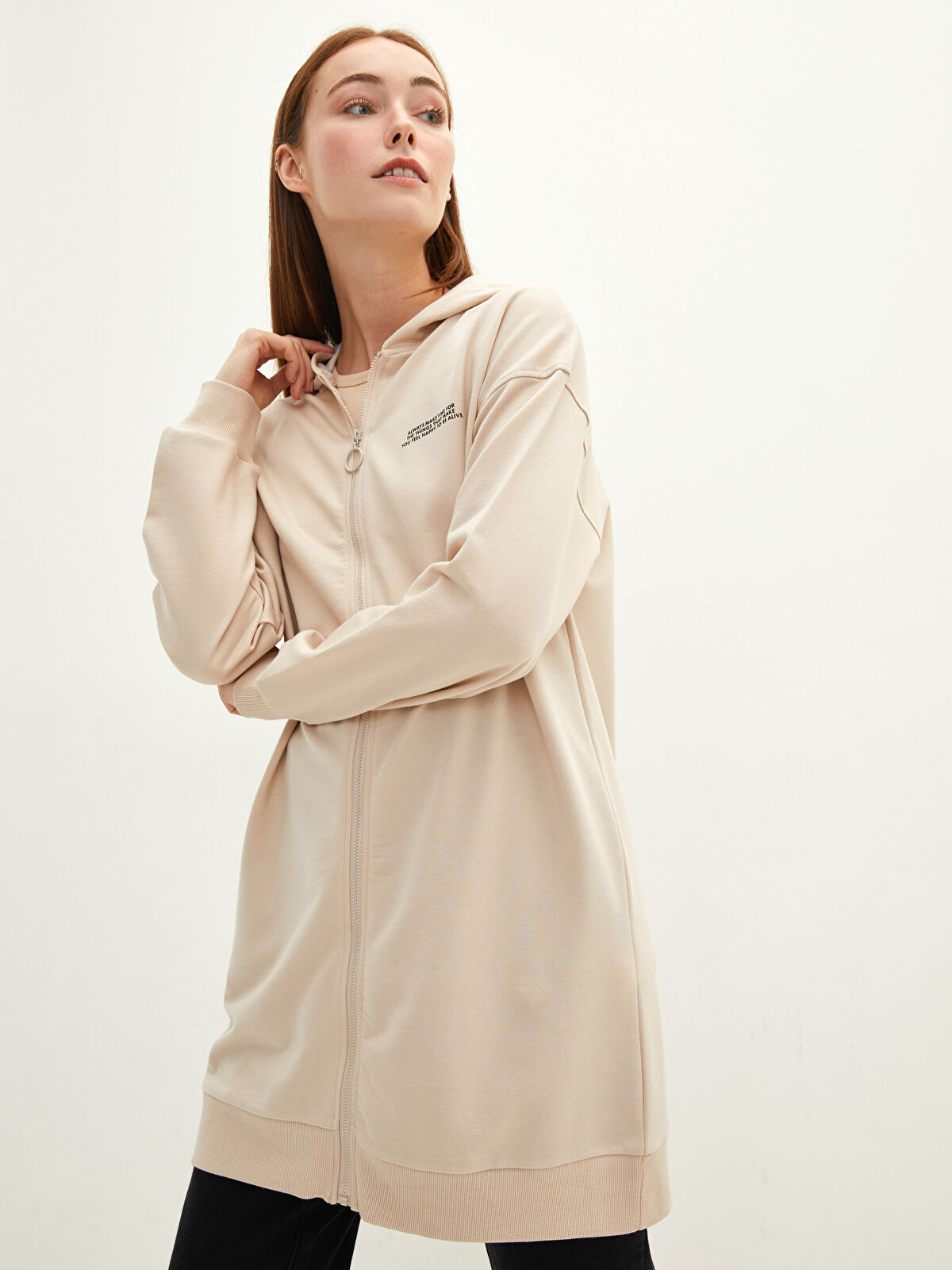 MODEST Kapüşon Yaka Baskılı Uzun Kollu Kadın Hırka