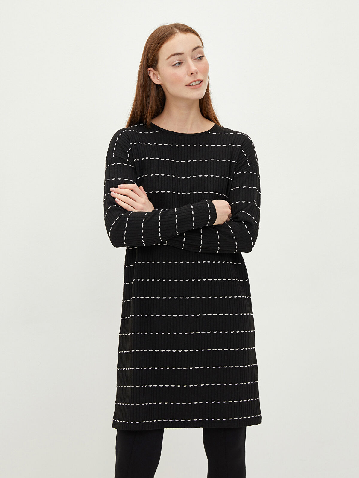 LCW CLASSIC Bisiklet Yaka Çizgili Uzun Kollu Kaşkorse Kumaş Kadın Tunik