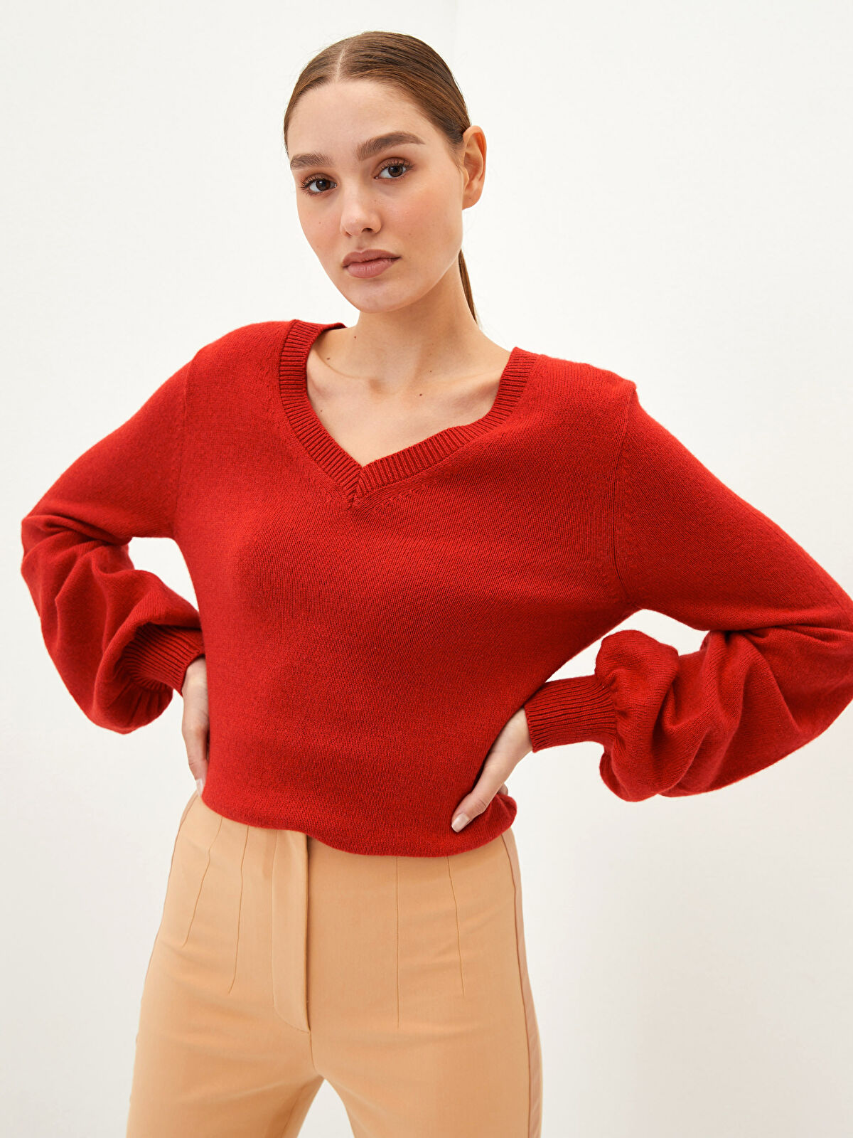 NATUVERA V Yaka Düz Uzun Kollu Kadın Yünlü Kaşmir Kazak