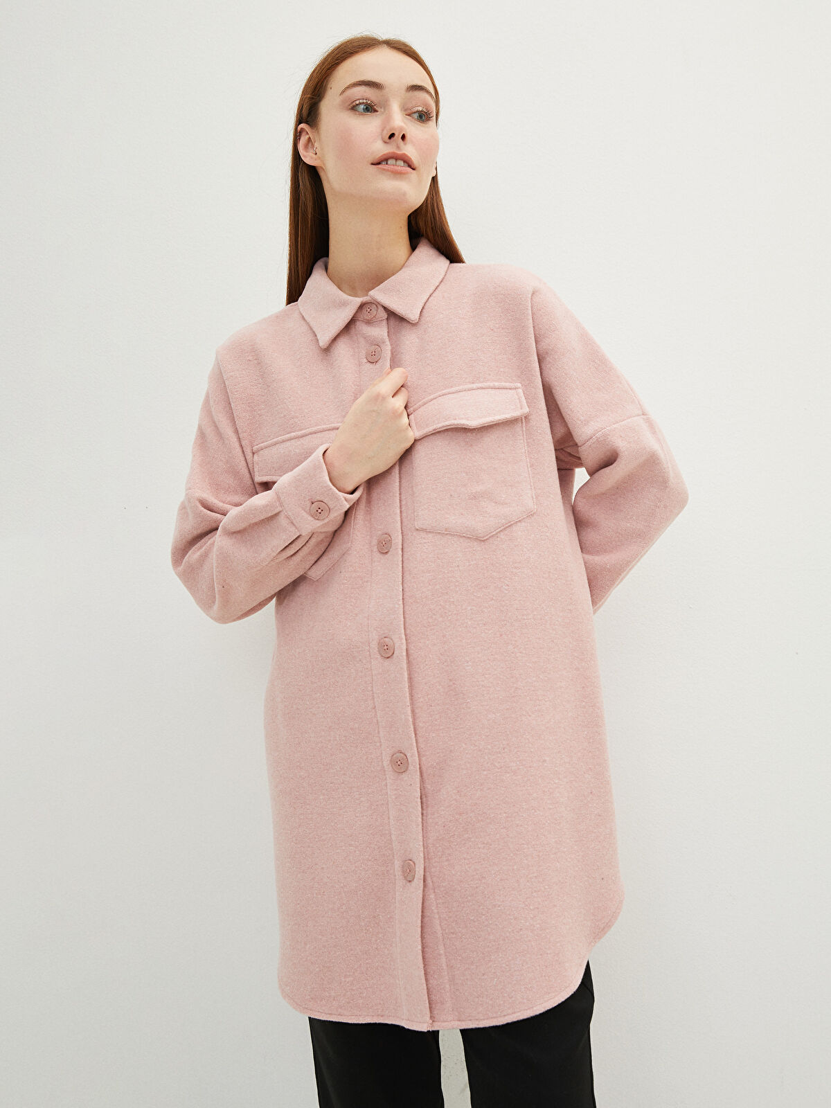 MODEST Gömlek Yaka Düz Uzun Kollu Oversize Kadın Gömlek Ceket