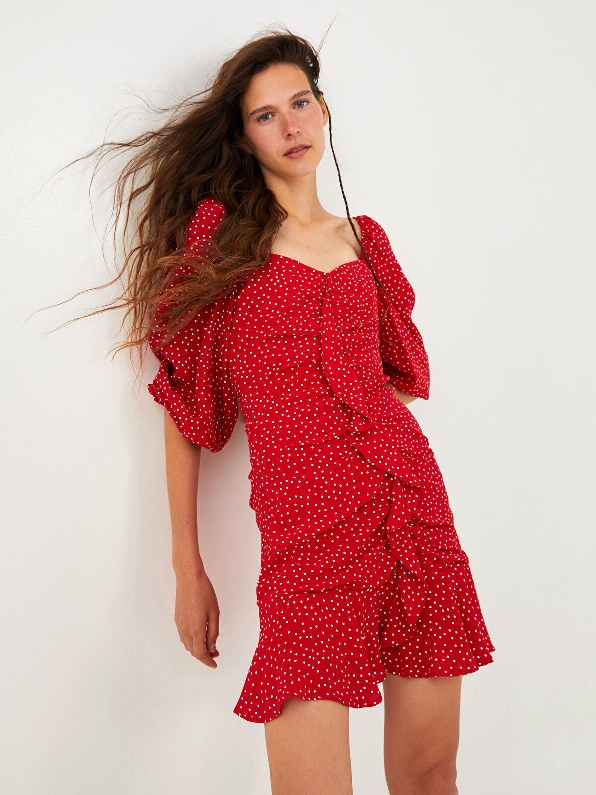 XSIDE Kalp Yaka Puantiyeli Uzun Kollu Viskon Kadın Elbise