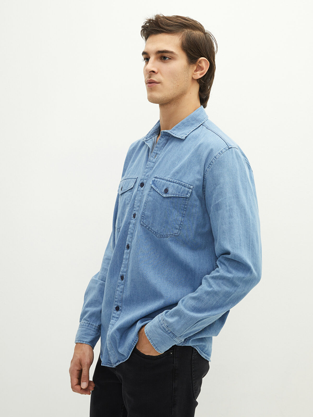 Regular Fit Uzun Kollu Erkek Jean Gömlek