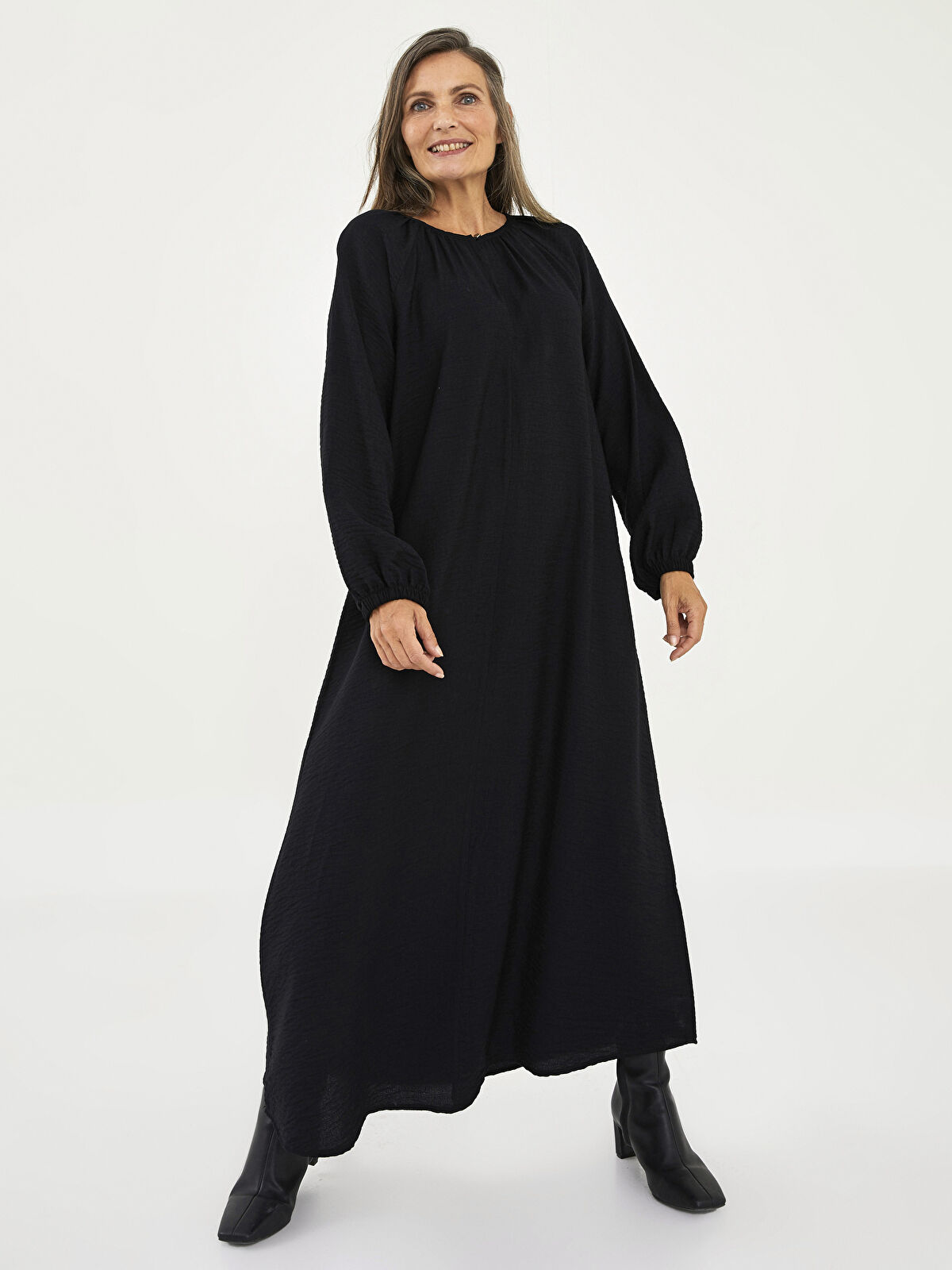 LCW GRACE Bisiklet Yaka Düz Uzun Kollu Keten Görünümlü Kadın Elbise