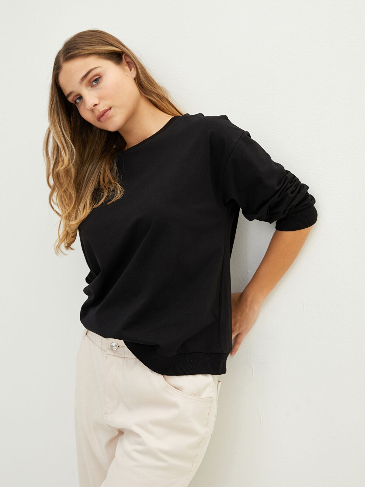 Büyük Beden Bisiklet Yaka Düz Uzun Kollu Kadın Sweatshirt