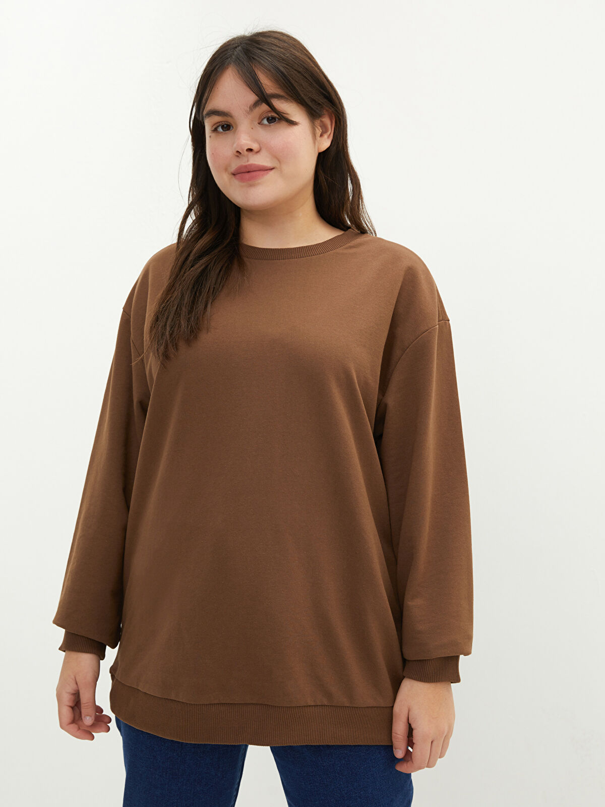 Büyük Beden Bisiklet Yaka Düz Uzun Kollu Kadın Sweatshirt