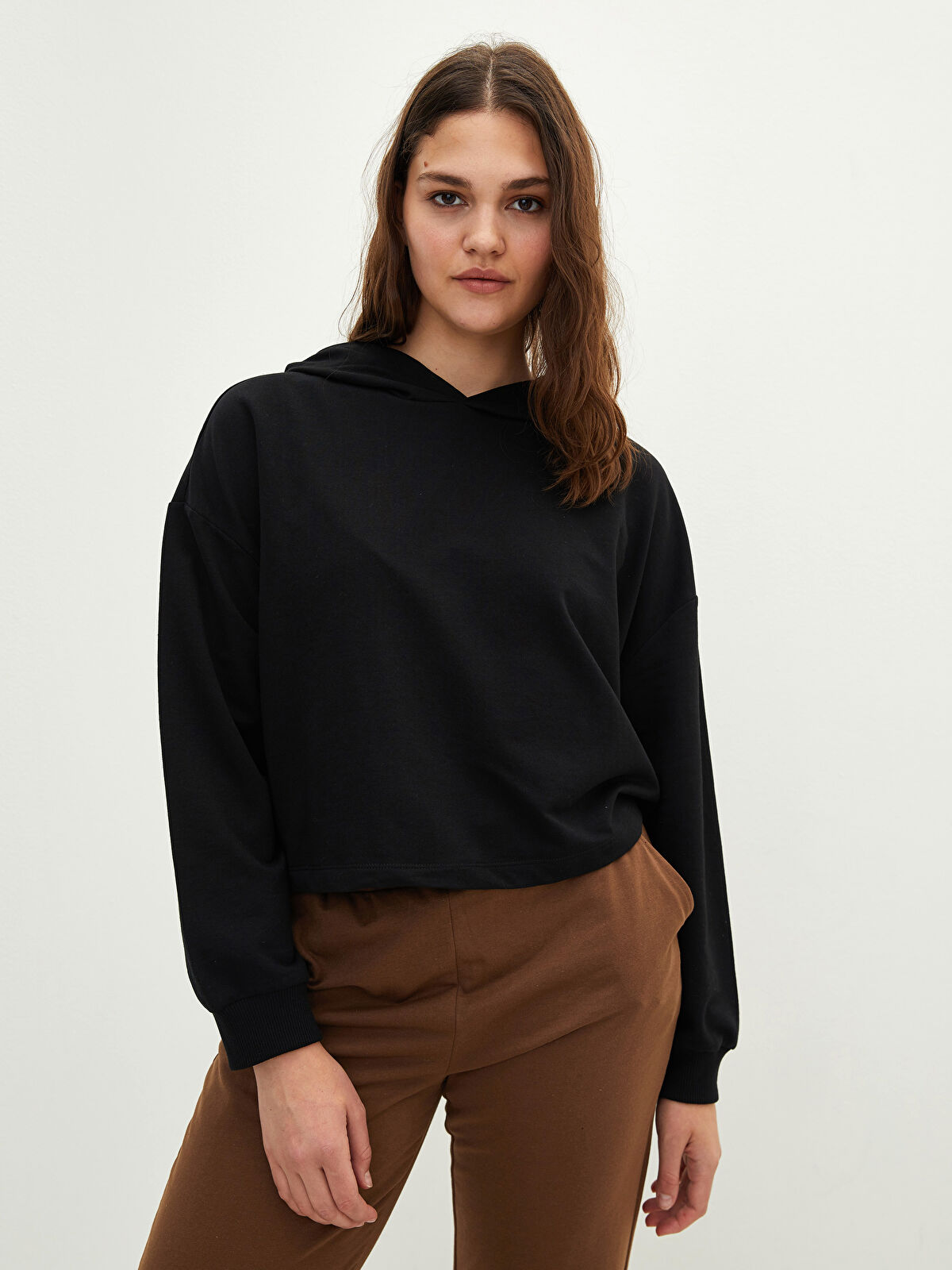 Büyük Beden Kapüşonlu Düz Uzun Kollu Kadın Sweatshirt