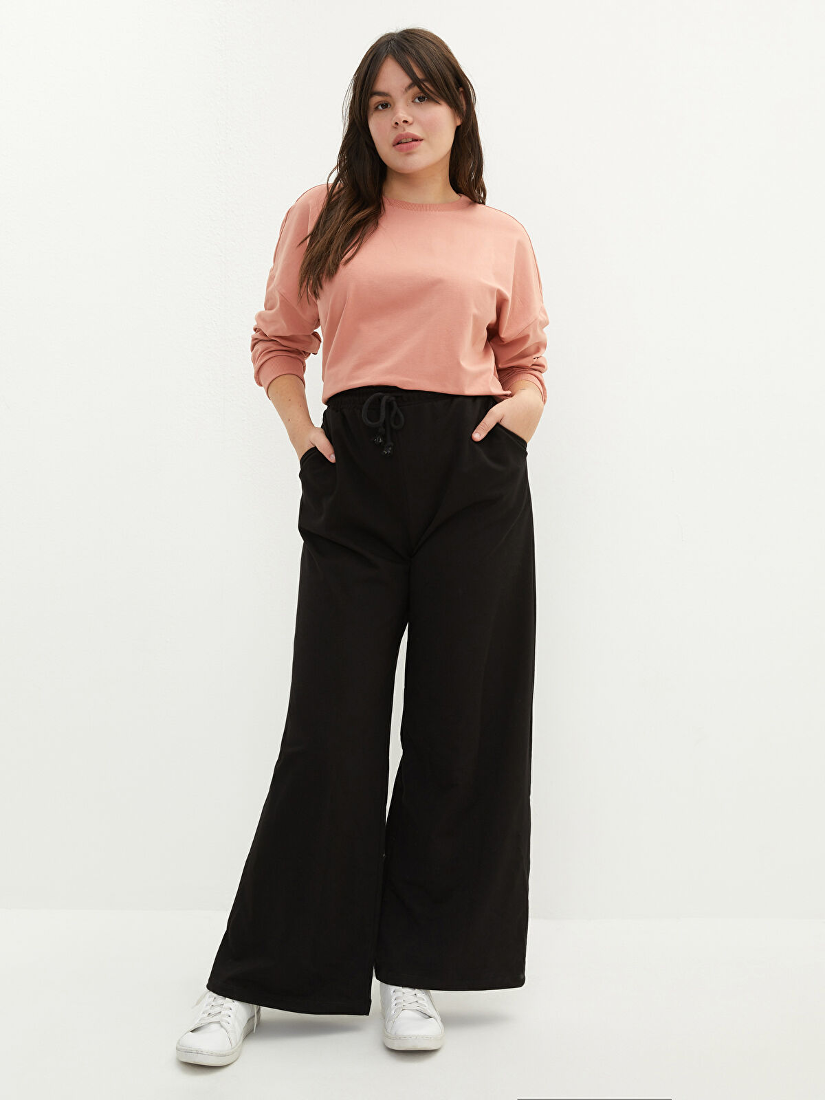 Büyük Beden Beli Lastikli Düz Cep Detaylı Geniş Paça Kadın Eşofman Altı